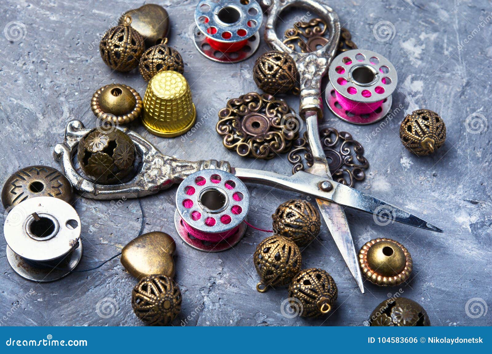 Buttons, Scissors and Thread Stock Photo - Image of thimble, spool ...