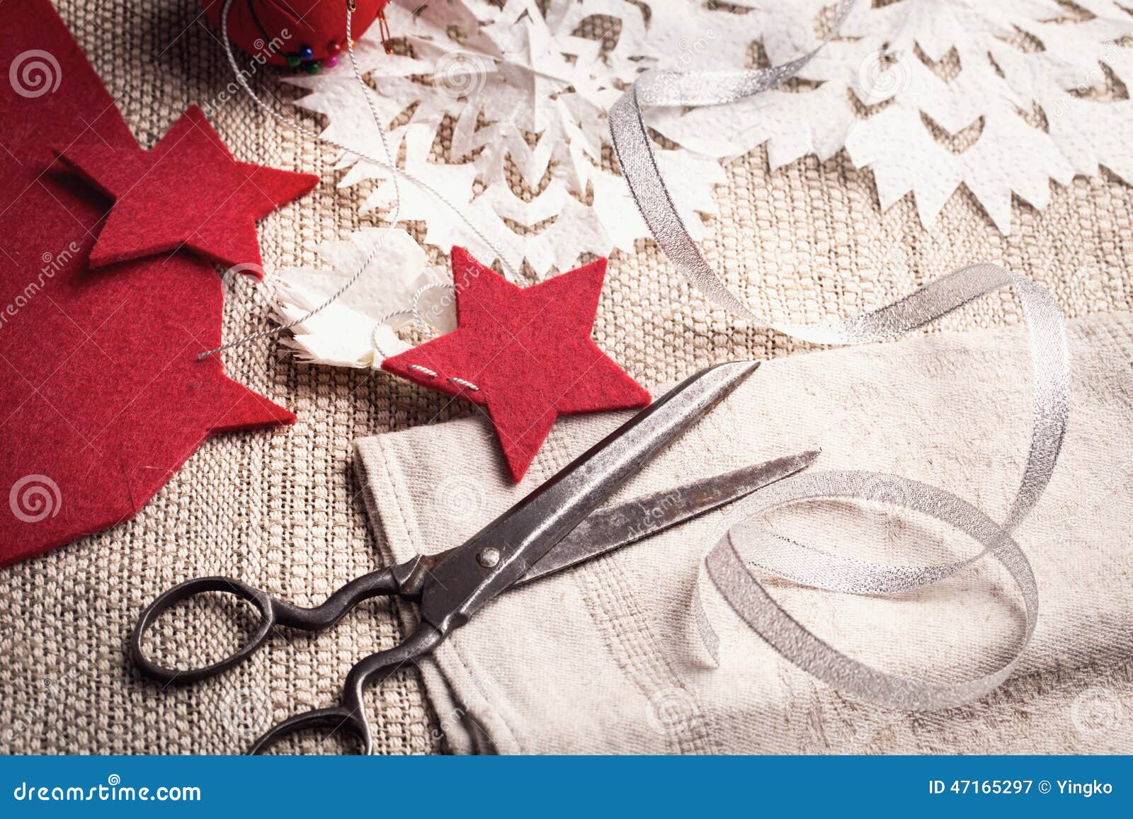 Vintage Scissors and Handmade Holiday Decorations Stock Image - Image ...