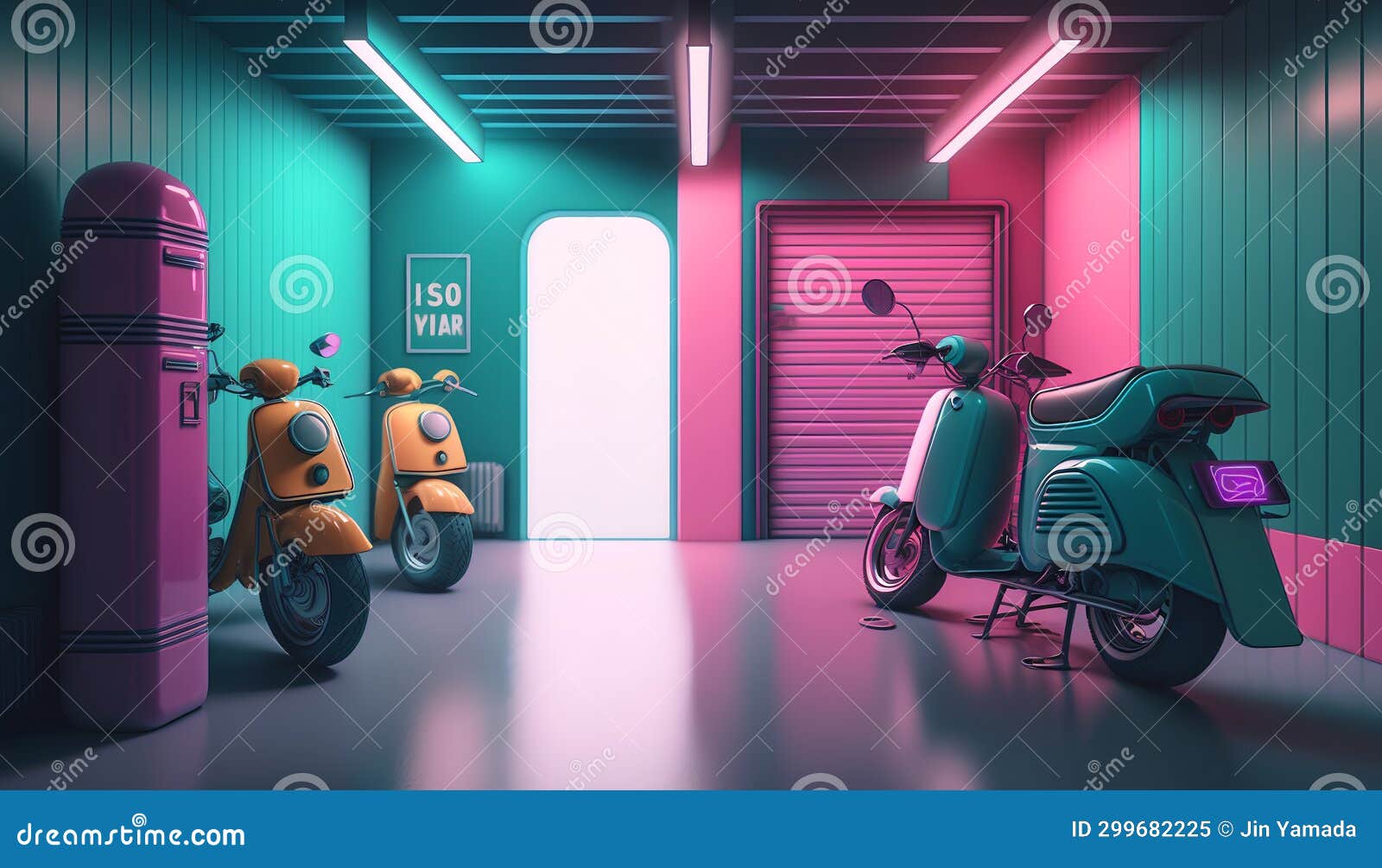 Vintage Scooter in Retro Garage Interior. 3D Rendering Stock ...