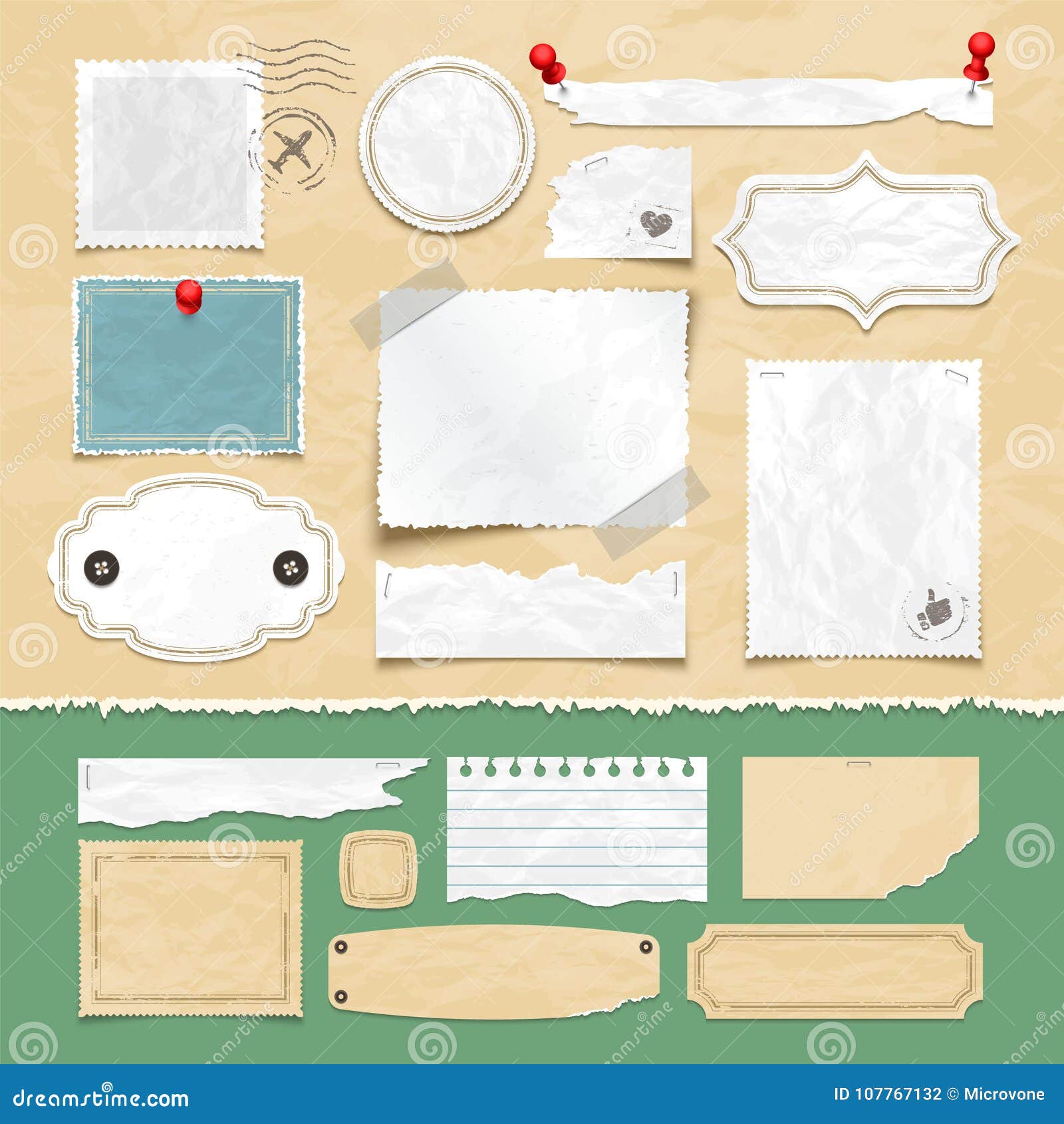Vintage Scrapbooking Vector Elements. Old Scrap Papers, Photo Frames ...