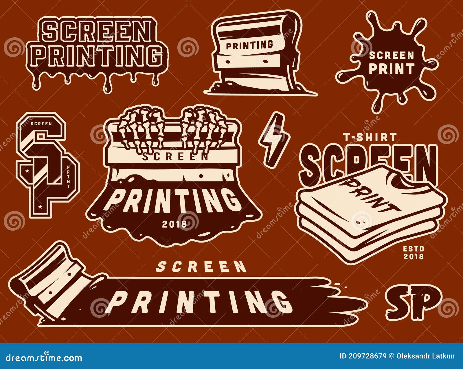 Vintage Screen Printing Elements Collection Stock Vector - Illustration ...