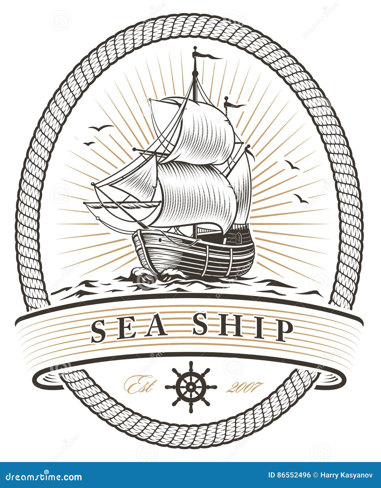 Vintage sea ship emblem stock vector. Illustration of beige - 86552496
