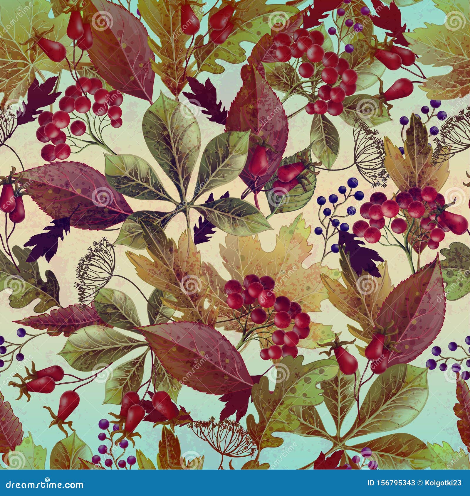 Vintage Seaamless Pattern with Autumn Leaves and Berries. Stock Vector ...