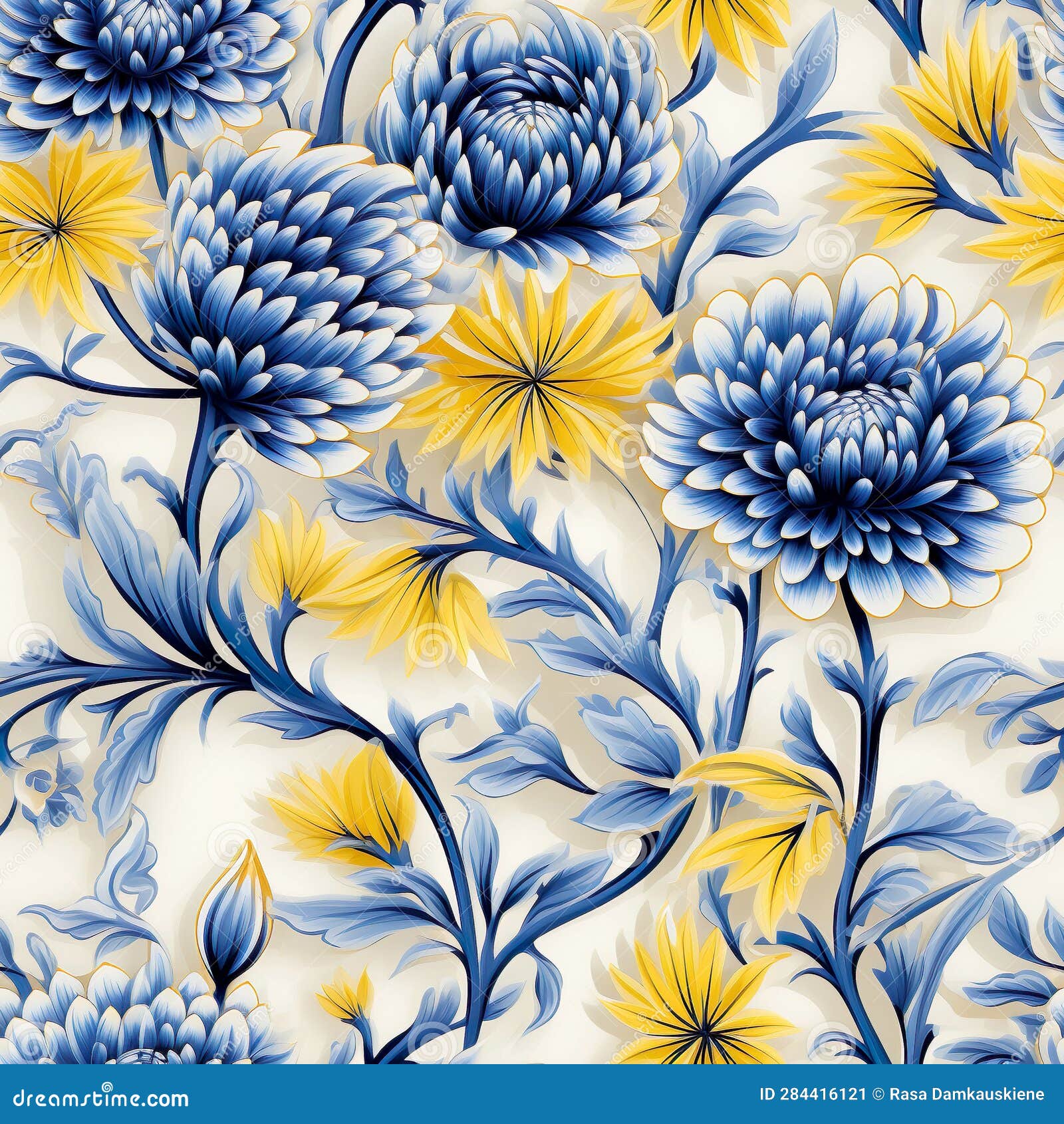 Vintage Seamless Pattern. Blooming Blue Summer Flowers on White ...
