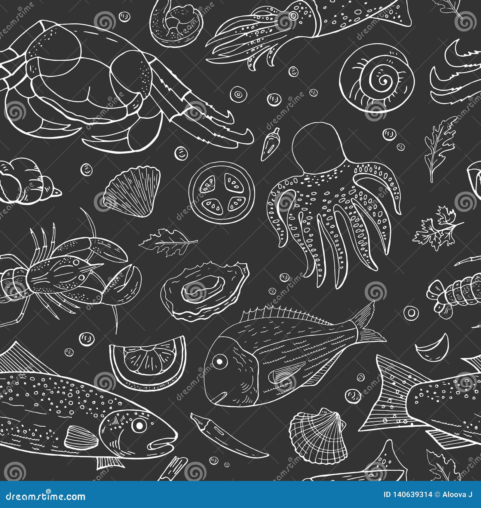 Vintage Seamless Pattern With Different Seafood And Fish On Black ...