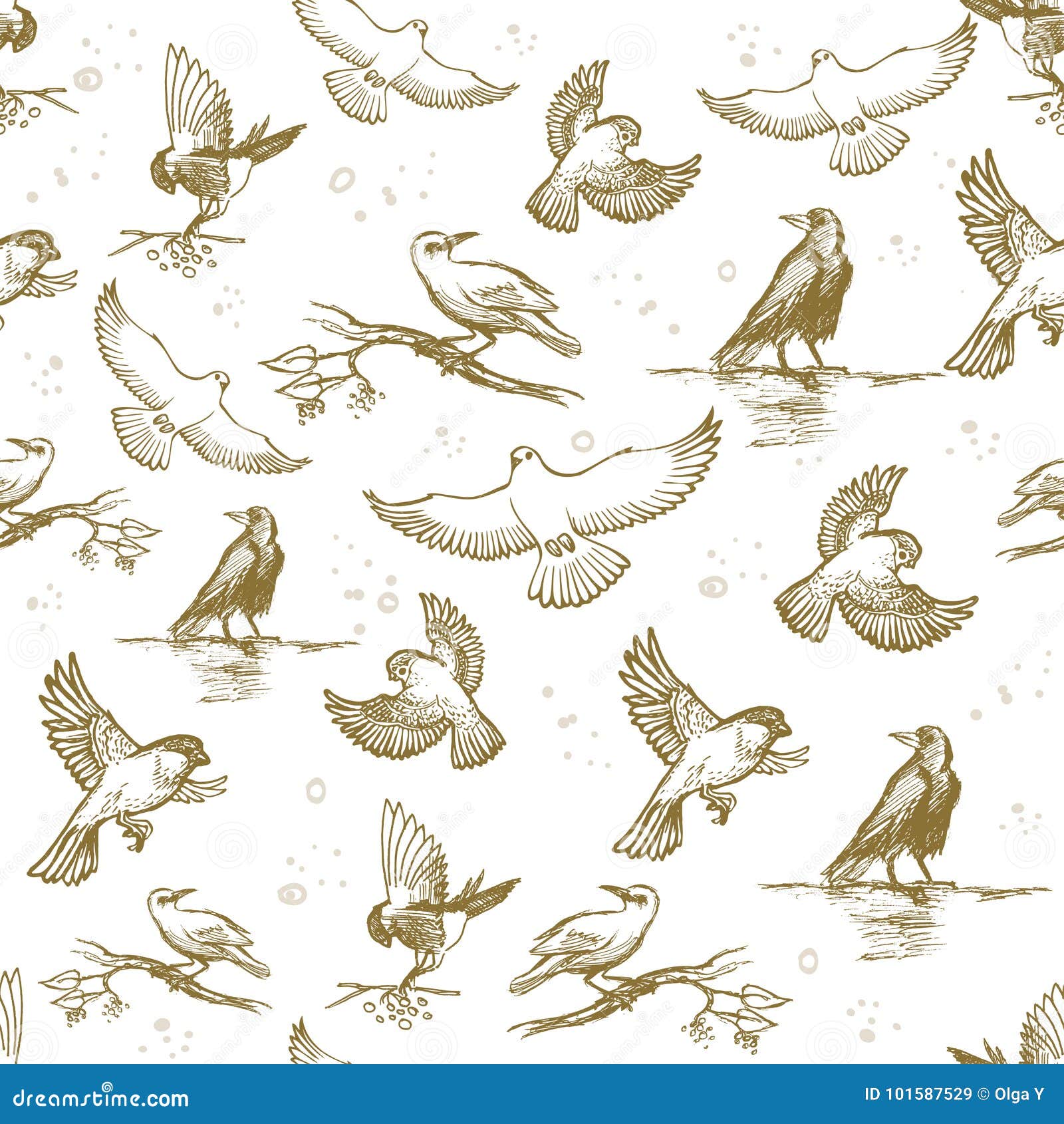 Vintage Seamless Pattern with Hand Drawn Birds Stock Illustration ...