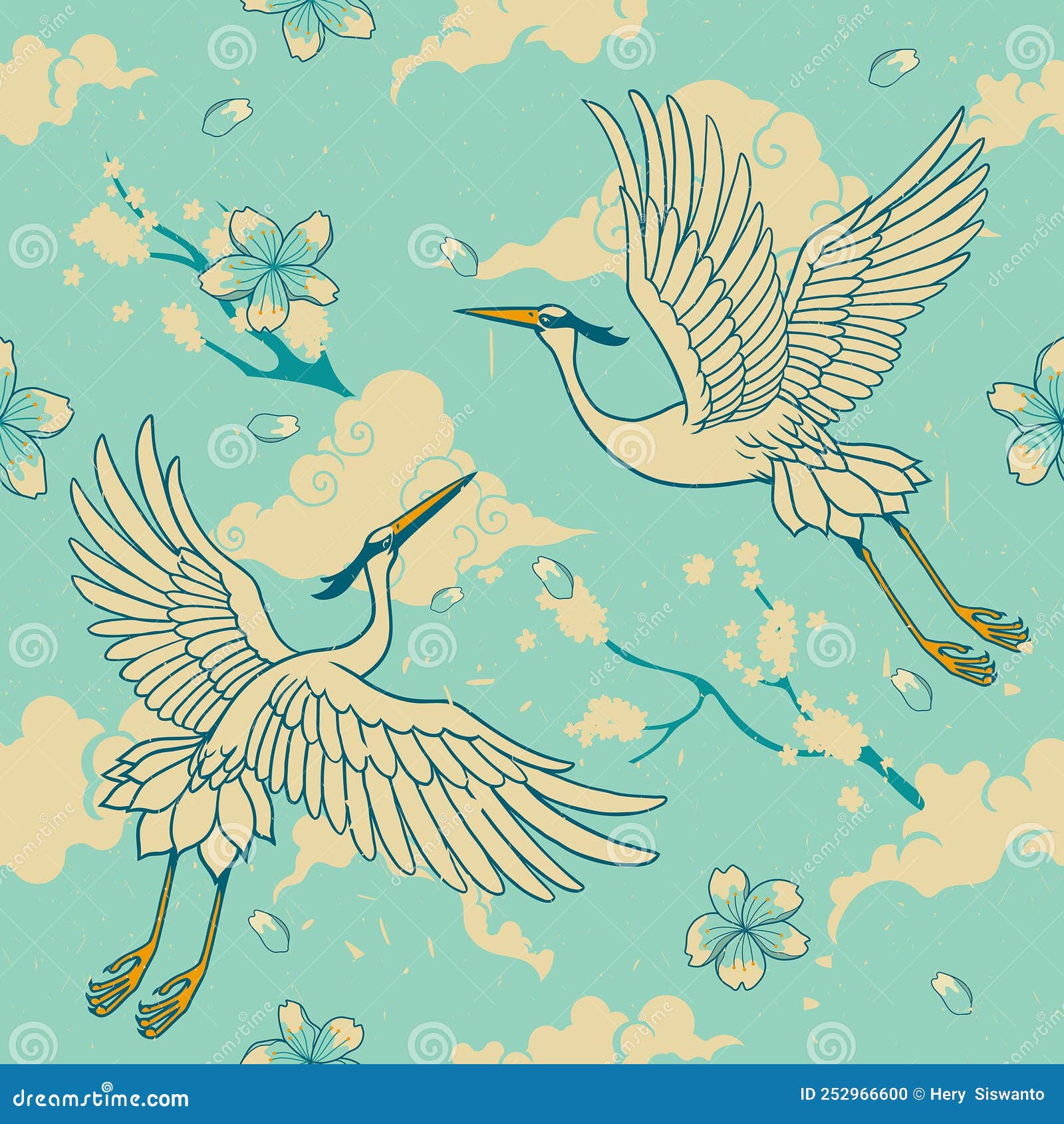 Vintage Seamless Pattern of Japanese Heron Bird Stock Vector ...