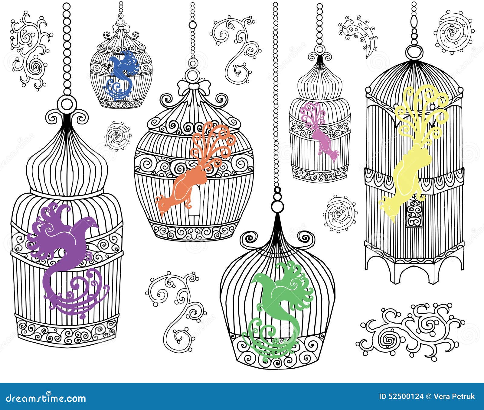 Vintage Set with Birds in Cages Stock Vector - Illustration of beauty ...