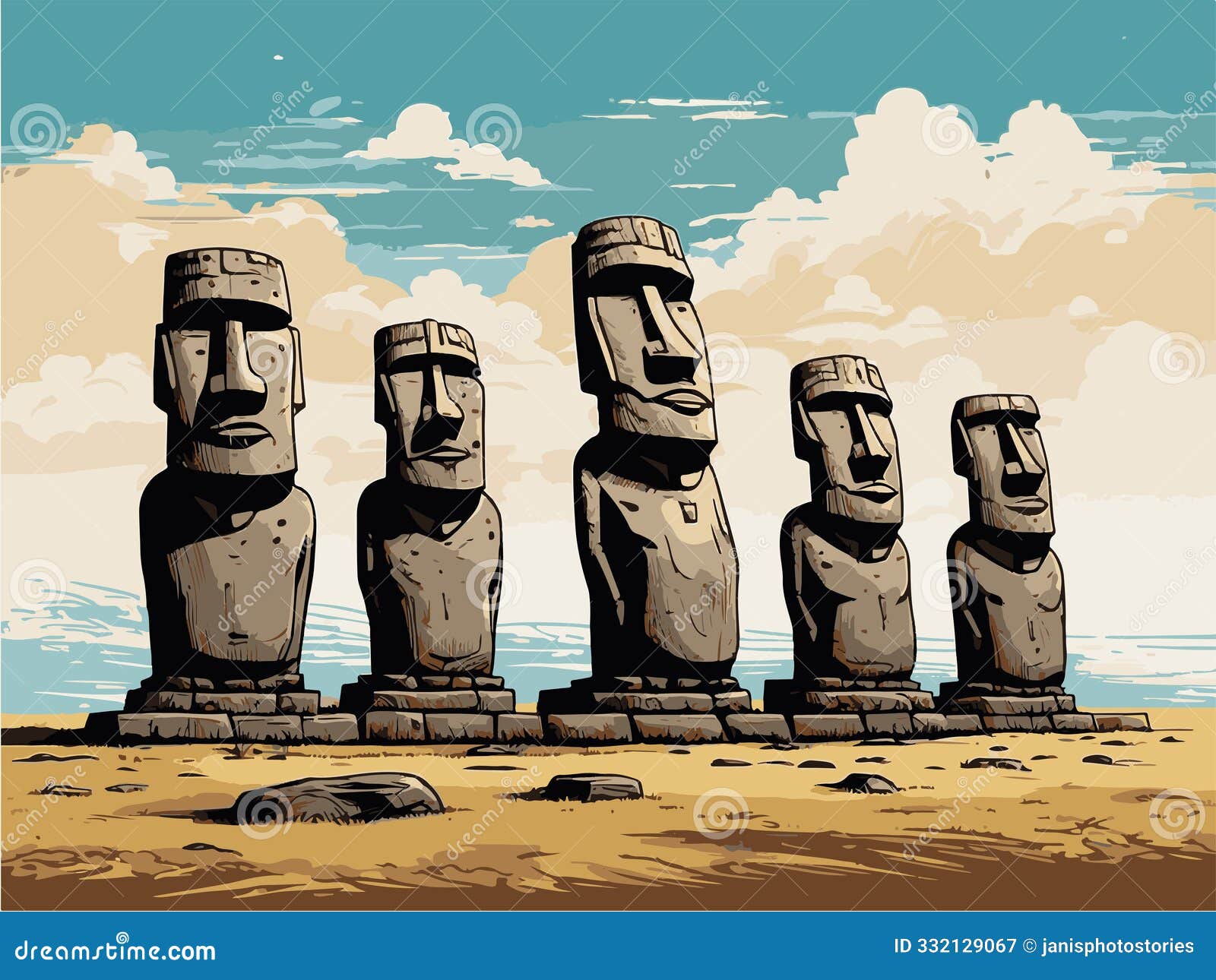 Moai Statues Illustration, Blue Sky Background, Detailed Cartoon Style ...