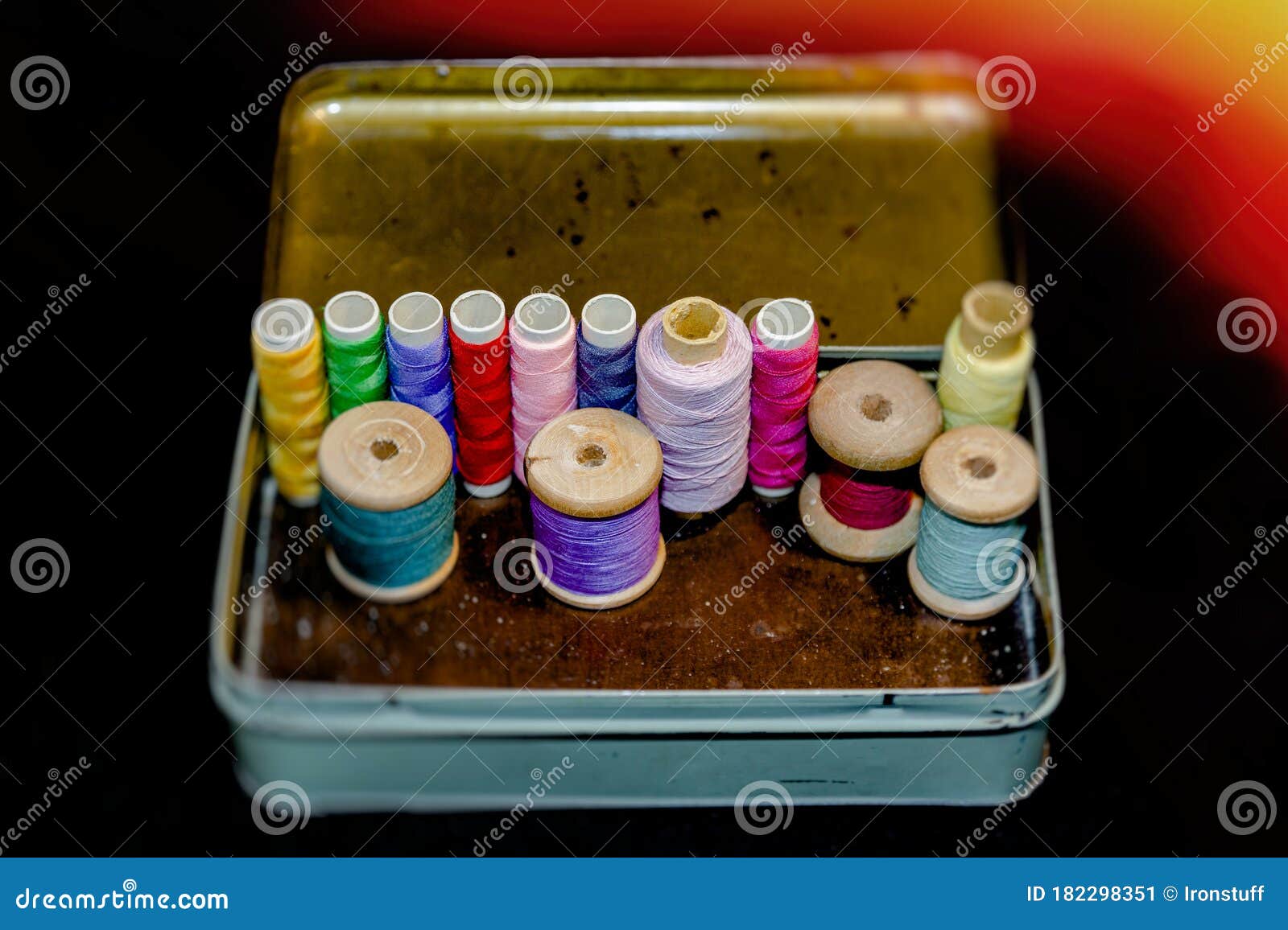 Multi-colored Threads in an Old Iron Box Stock Image - Image of ...