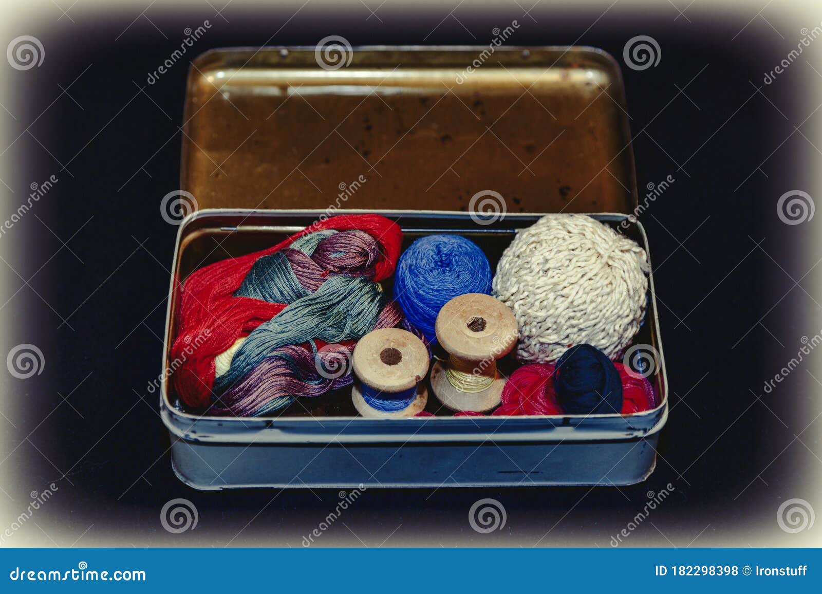 Multi-colored Threads in an Old Iron Box Stock Photo - Image of fiber ...