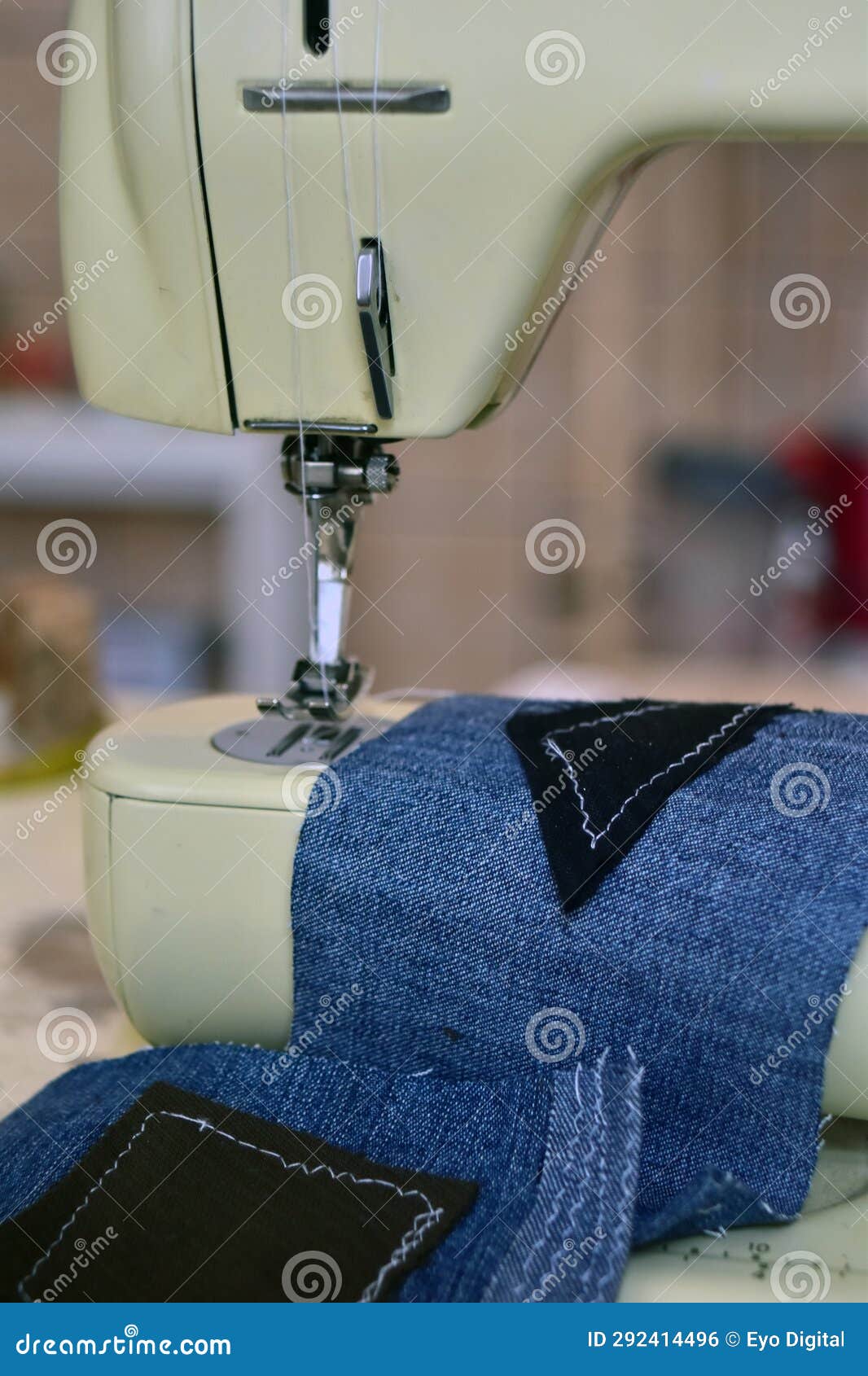 Vintage Sewing Machine Close Up with Jeans. Hobbies and Leisure. Stock ...