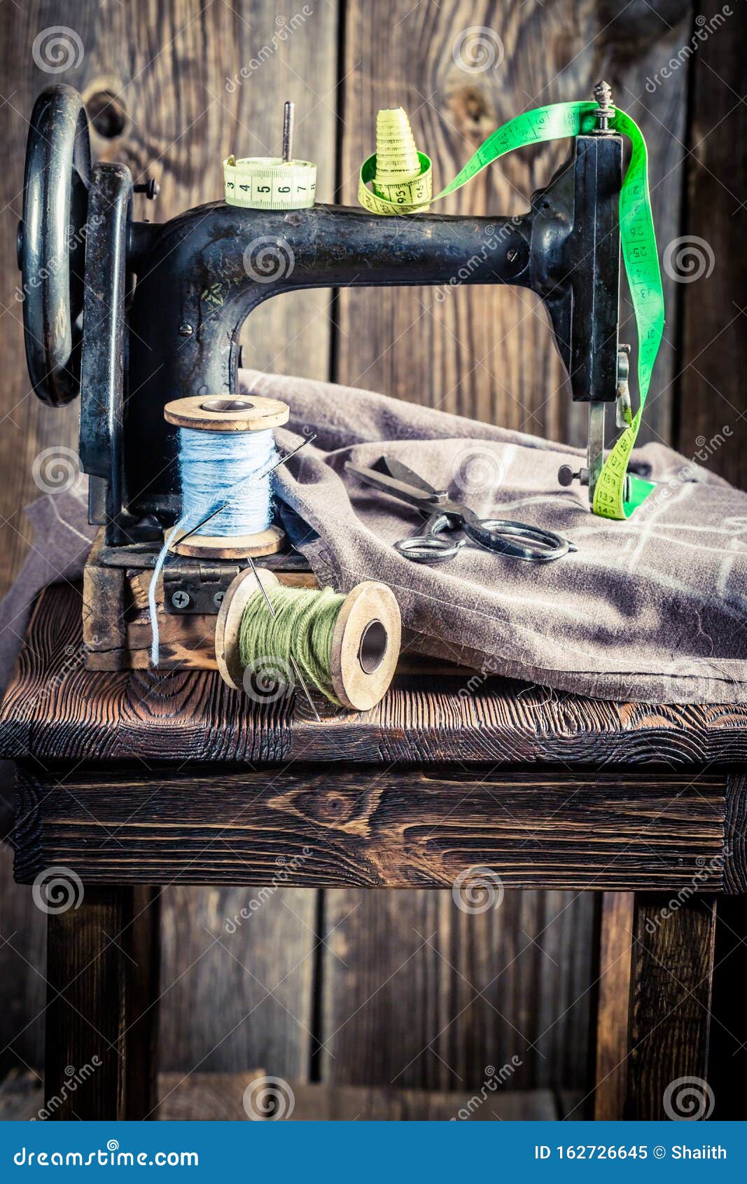 Vintage Sewing Machine with Needle, Tailor Tape and Threads Stock Image ...