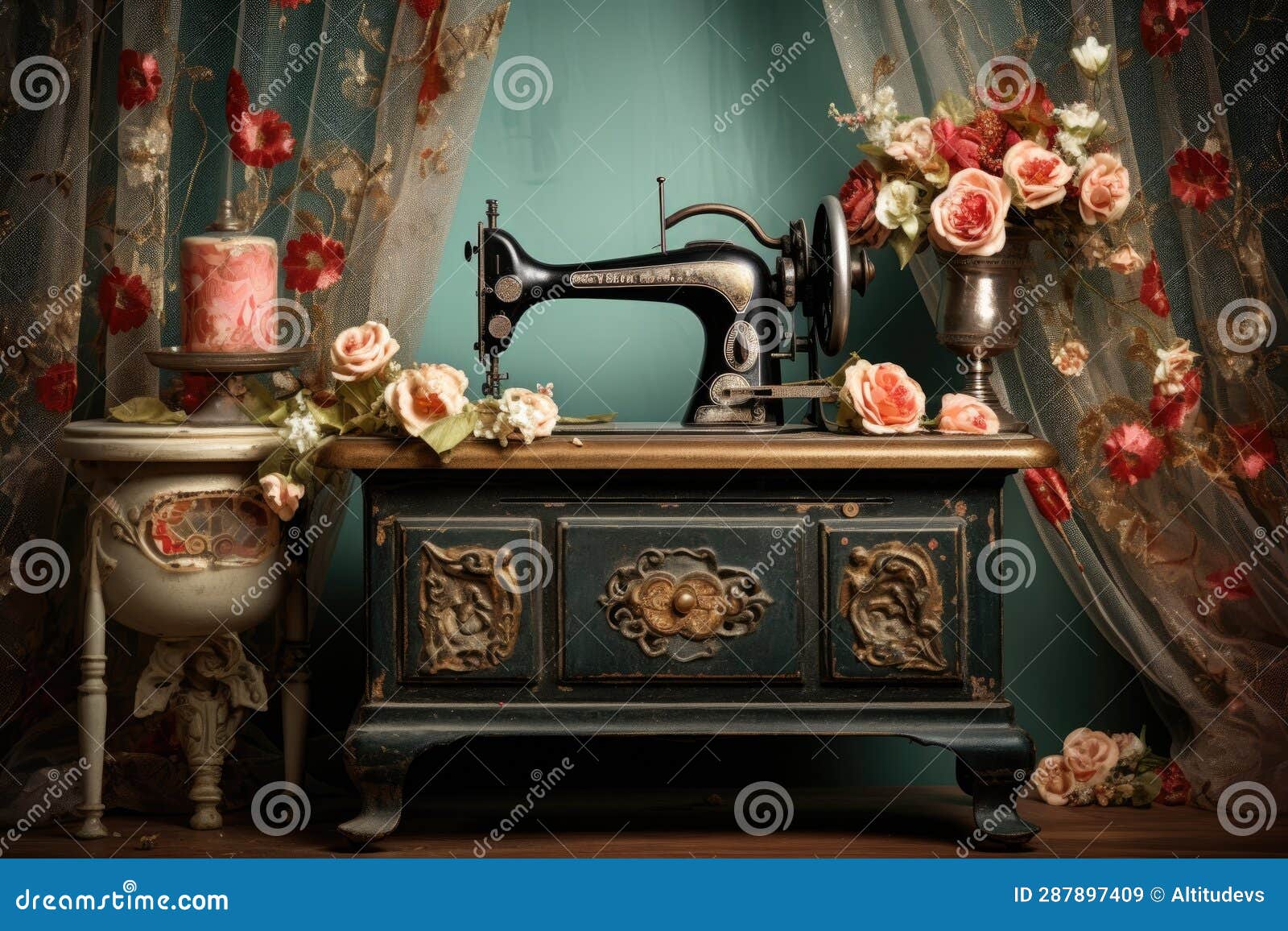 Vintage Sewing Machine with Old-fashioned Decor Stock Illustration ...