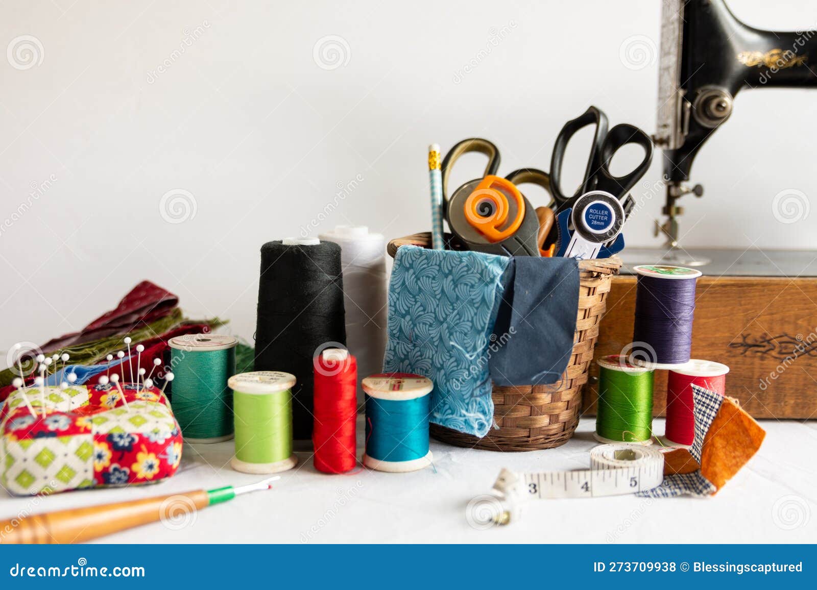 A Vintage Sewing Machine with Sewing Supplies Stock Photo - Image of ...