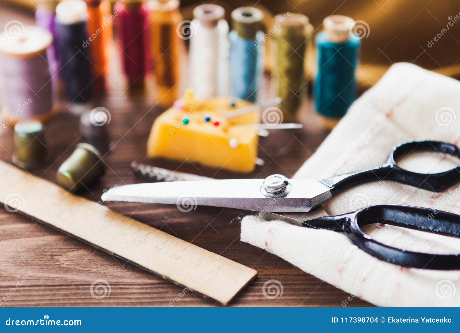 Vintage Sewing Table with Scissors, Threads, Tailored Details, B Stock ...