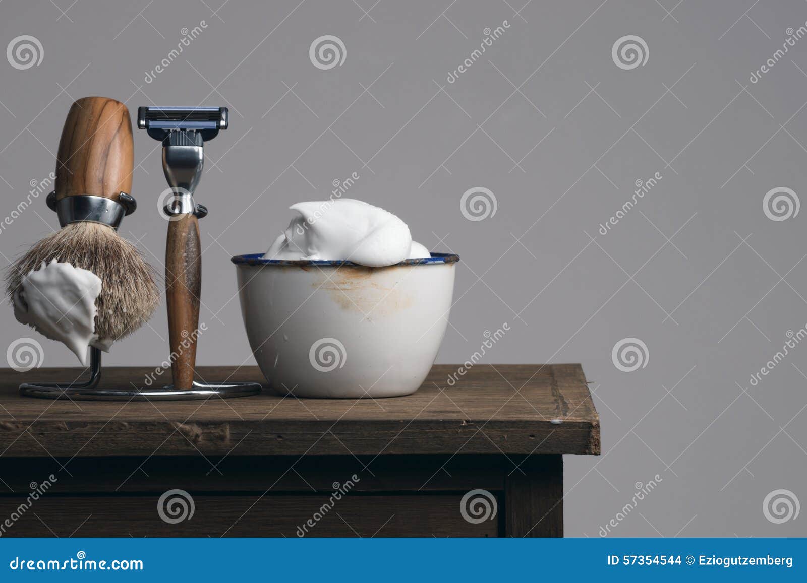 Vintage Shaving Equipment on Wooden Table Stock Photo - Image of bowl ...