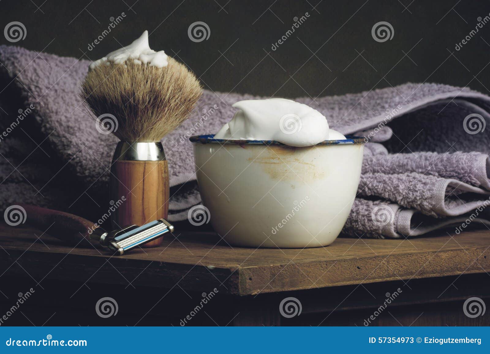 Vintage Shaving Equipment on Wooden Table Stock Image - Image of ...