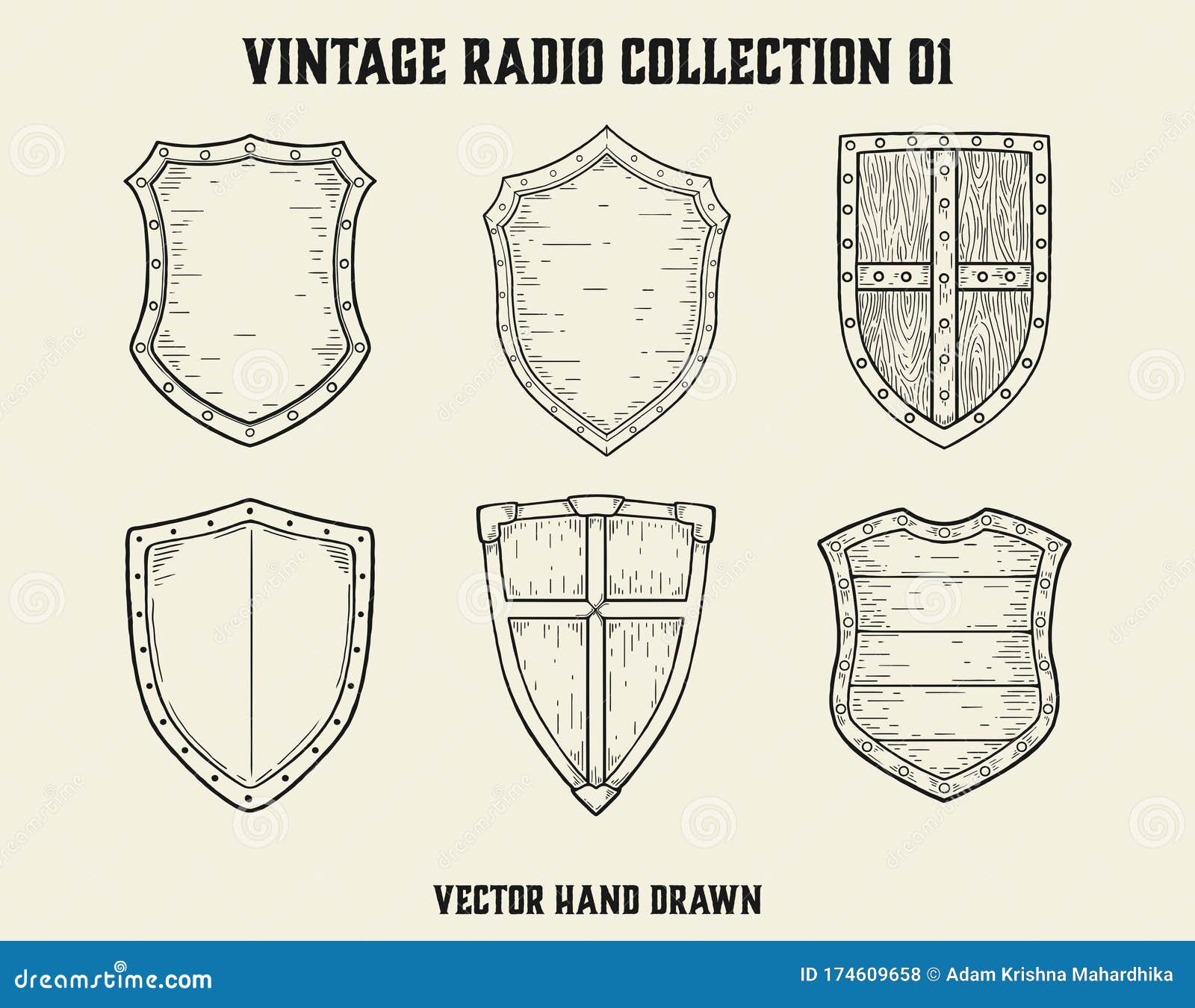 Vintage Shield Collection Vector Hand Drawn Stock Vector - Illustration ...