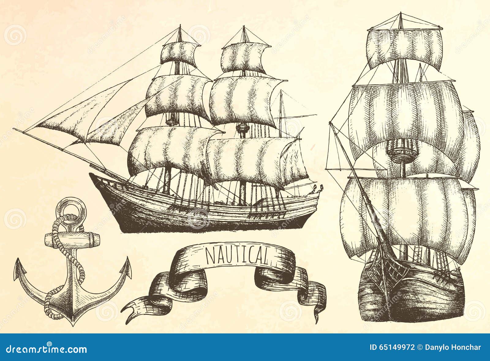 Vintage Ship. Items on the Marine Theme Stock Vector - Illustration of ...