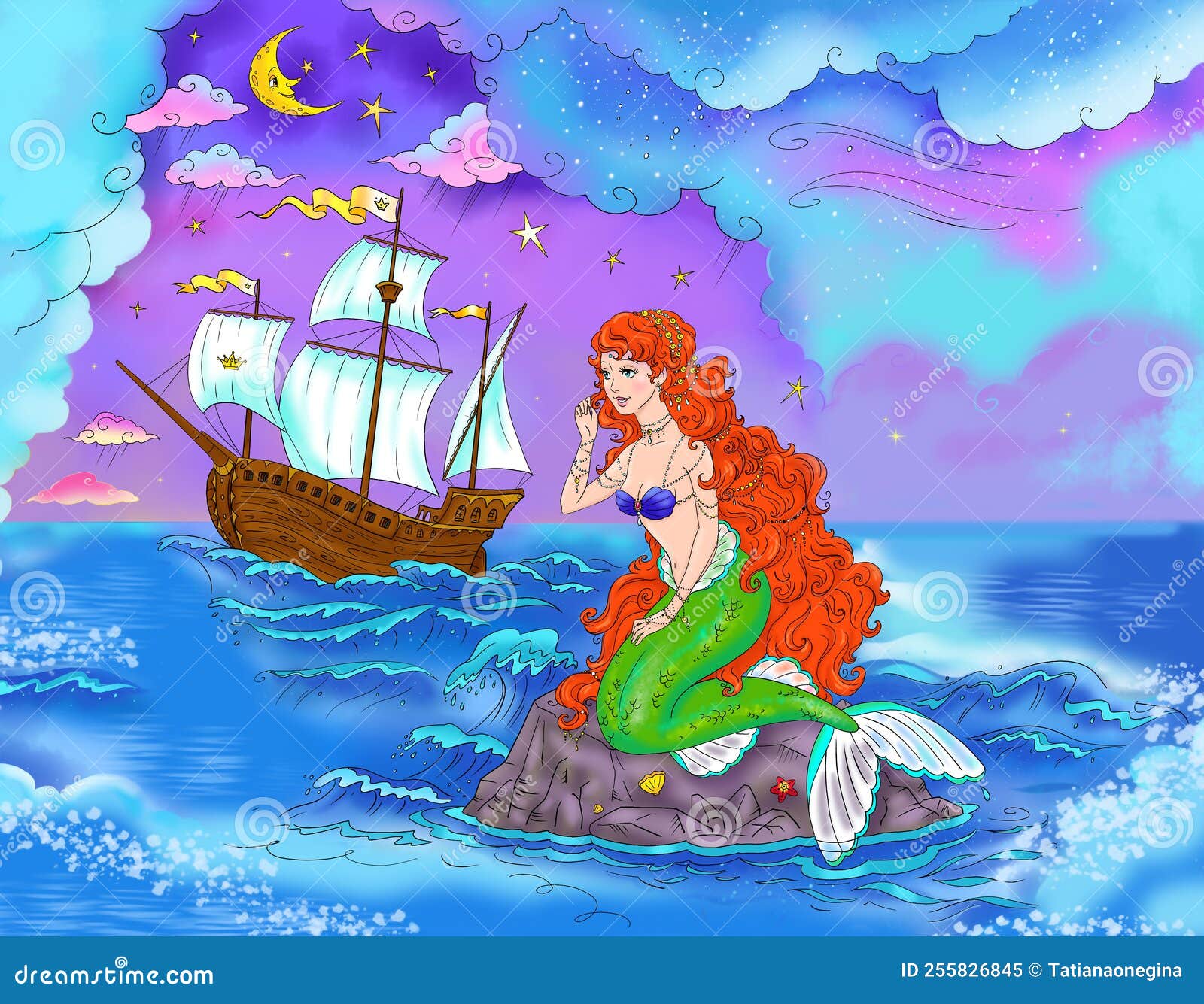 Vintage Ship Sailing In The Night And Beautiful Mermaid Sitting On The