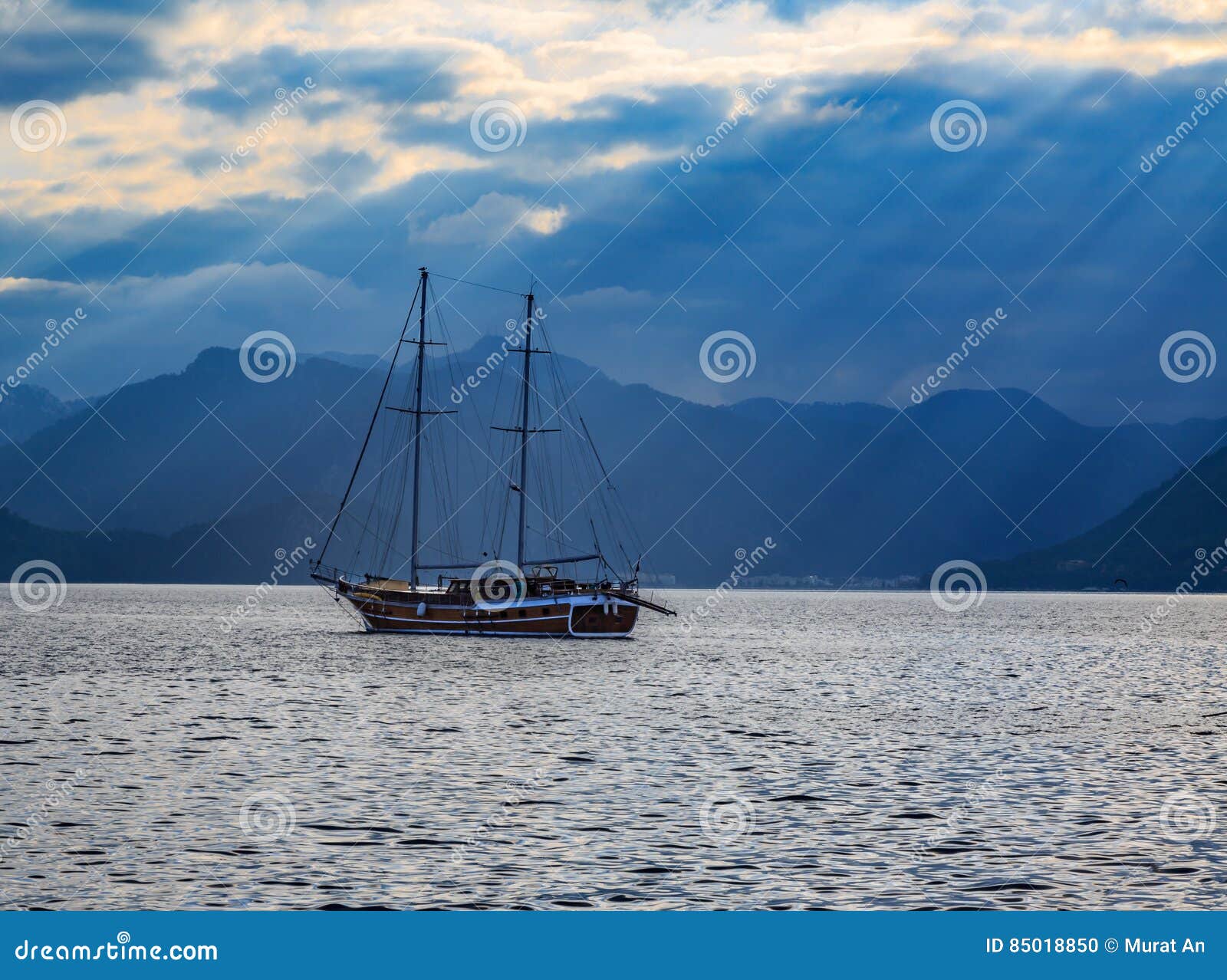 Vintage Ship Sailing with Sun Rays. Stock Photo - Image of mist, tree ...