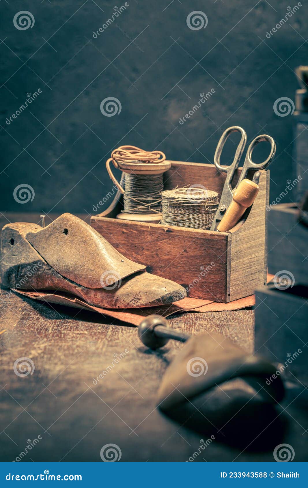 Vintage Shoemaker Workshop with with Tools, Anvil, Shoes and Rule Stock ...