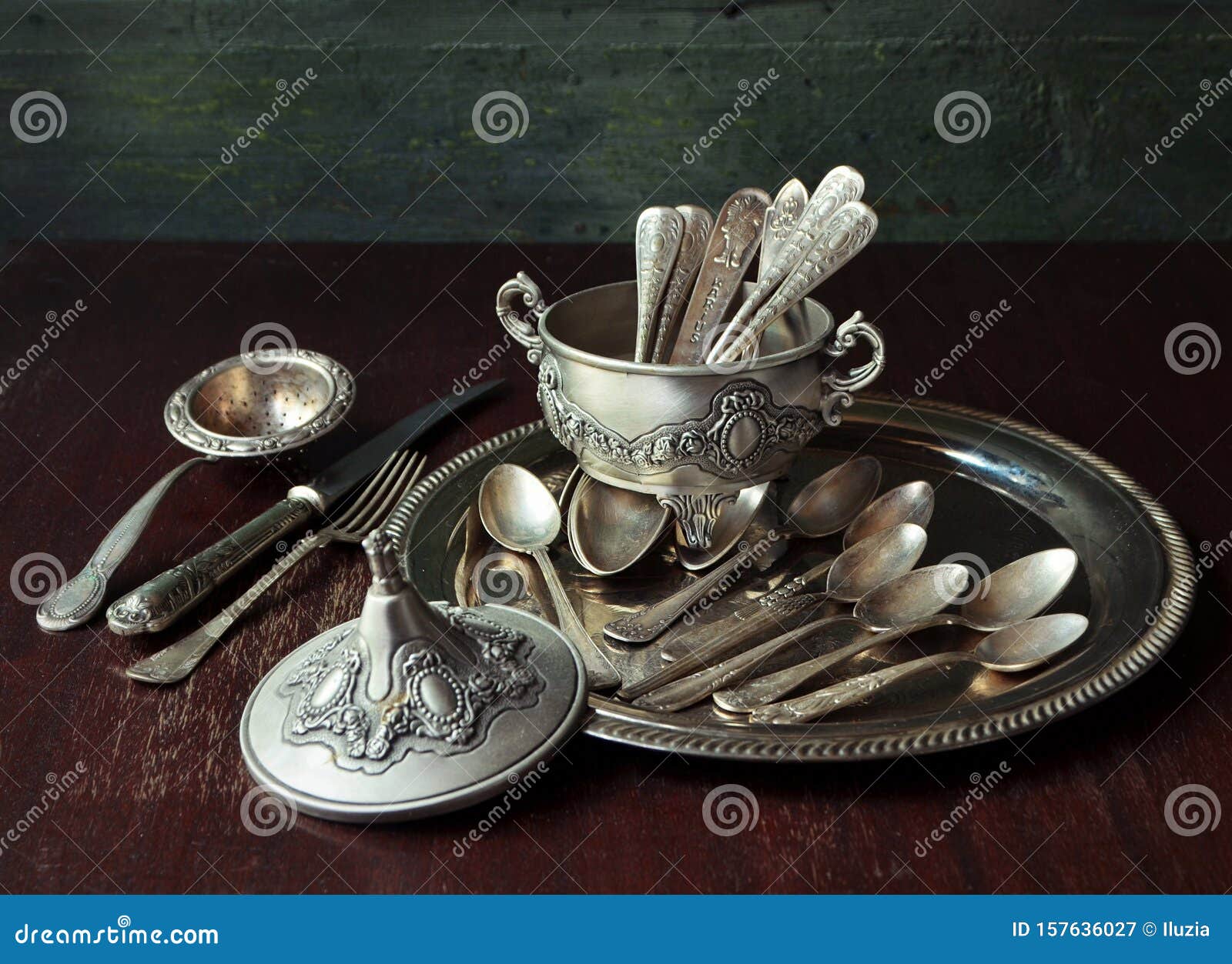 Vintage Silverware on the Old Wooden Stock Image - Image of antique ...