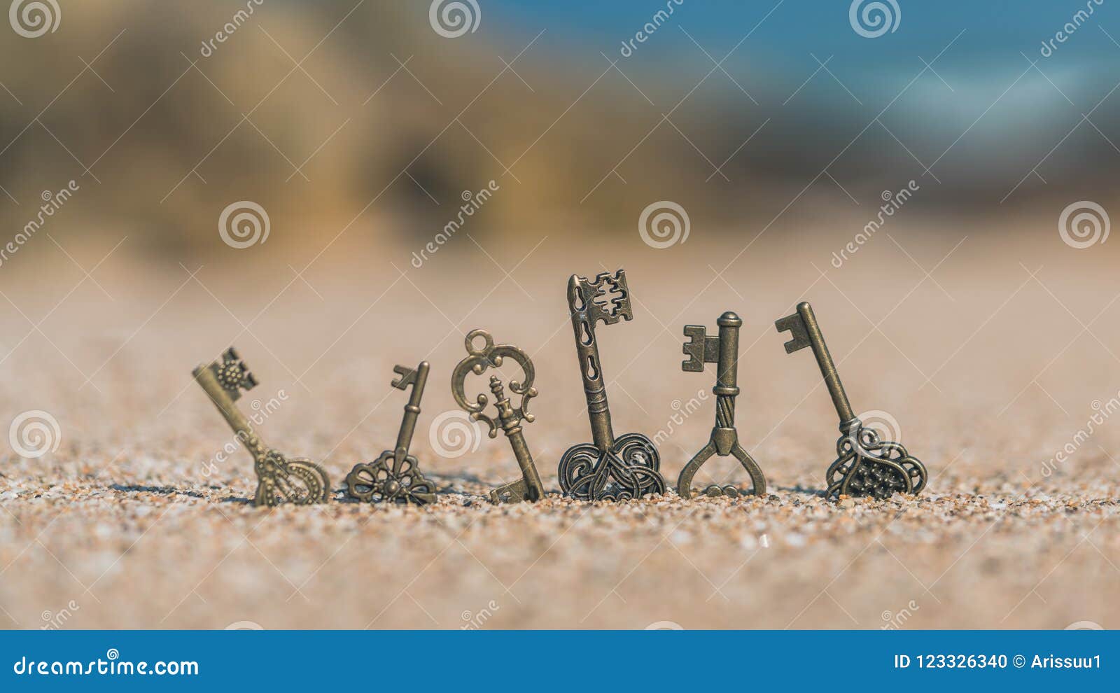 Vintage Keys on Sand Beach stock photo. Image of design - 123326340