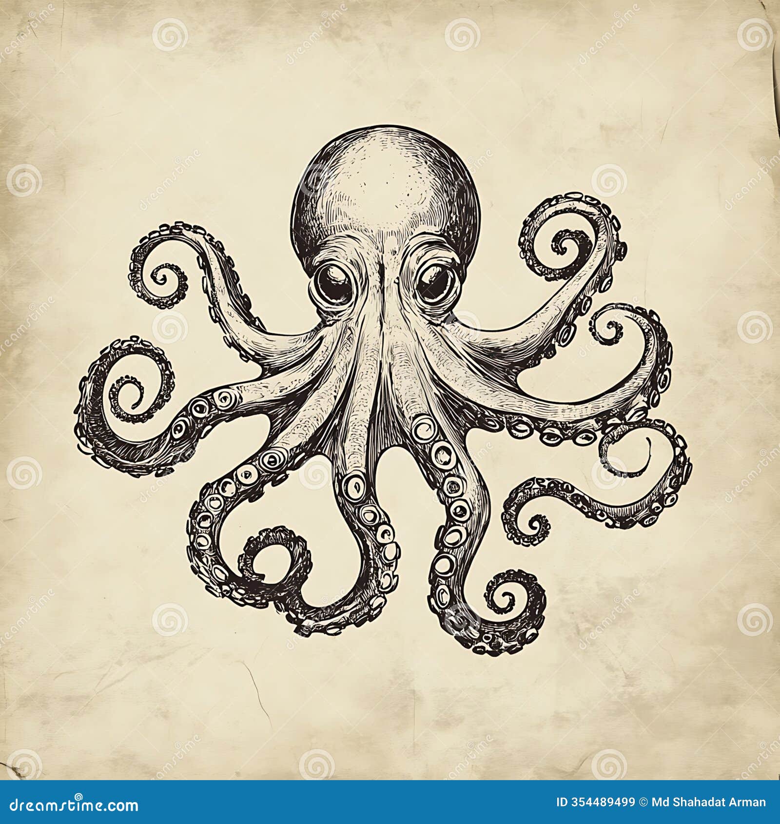 Vintage Sketch of an Octopus with Curled Tentacles on Aged Paper Ink ...