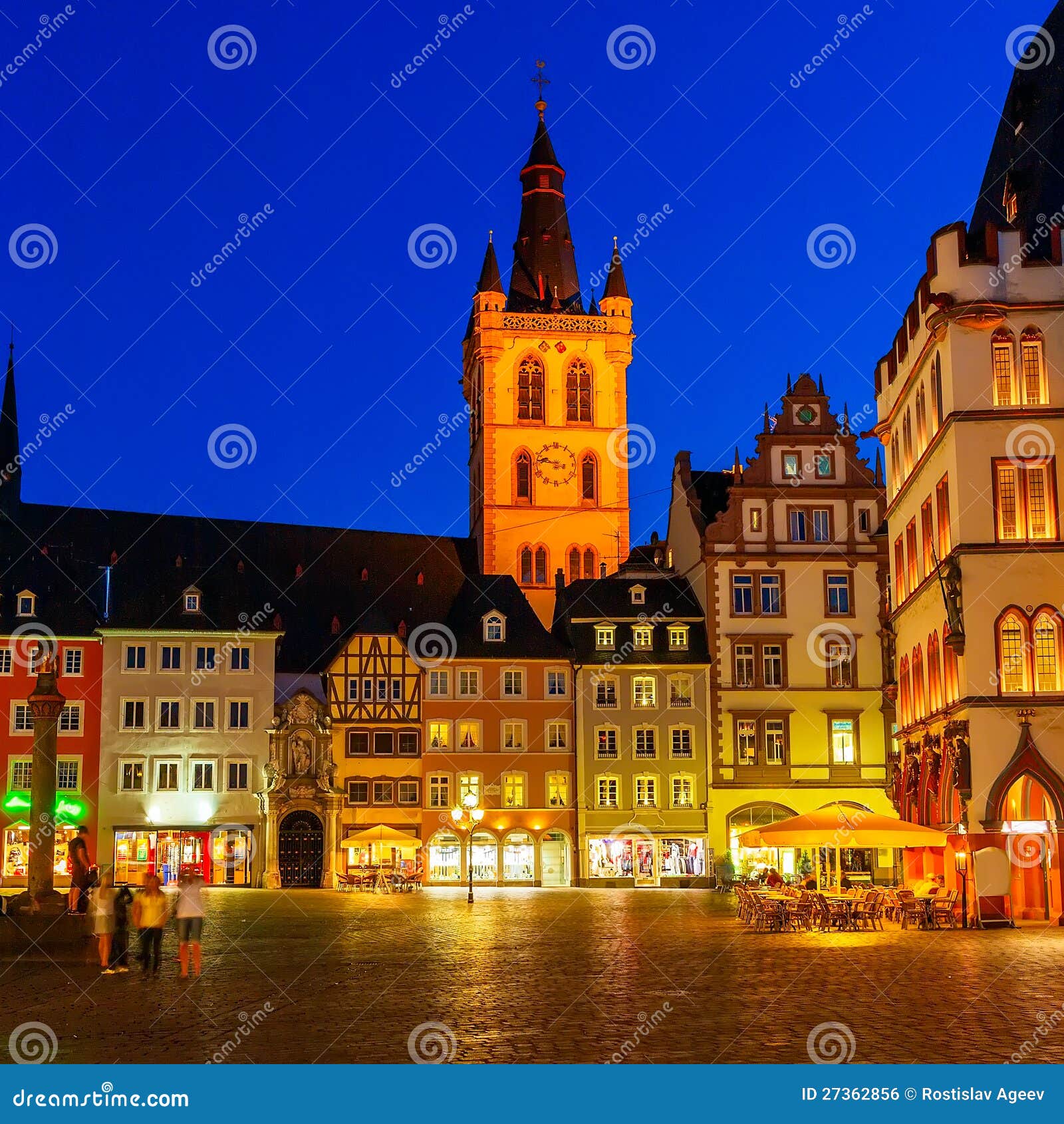 Vintage Small Houses at Night, Trier, Germany Stock Photo - Image of ...