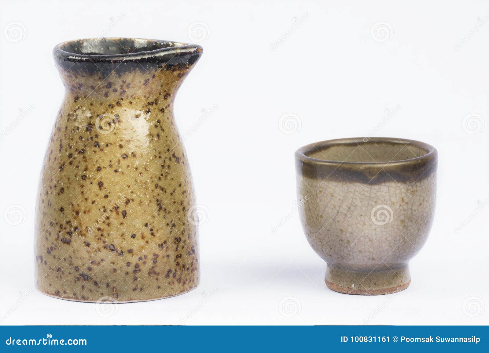 Vintage Small Sake Pitcher and Cup on Isolate White Background. Stock ...