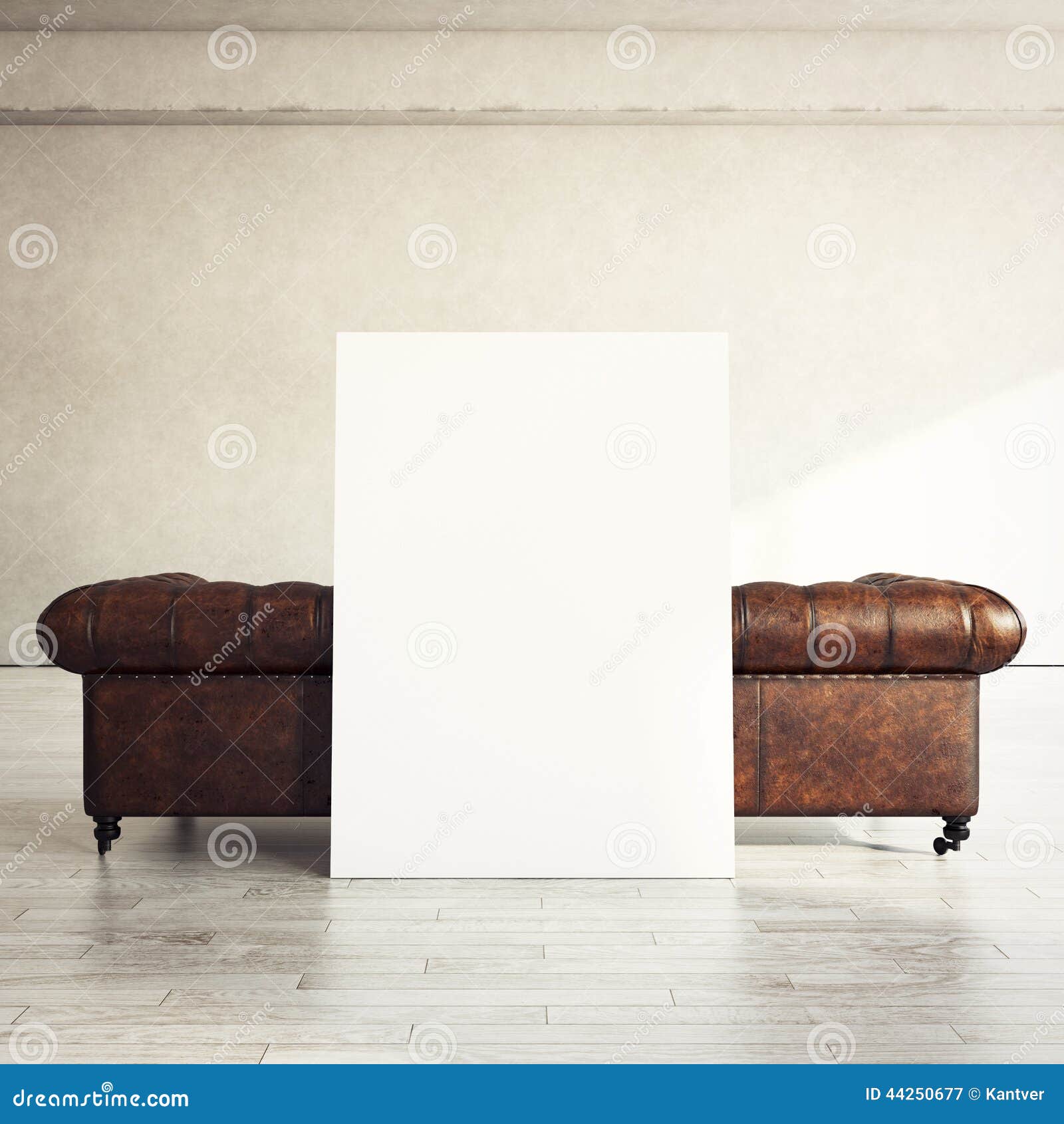 Vintage Sofa and White Poster Stock Image - Image of frame, brick: 44250677