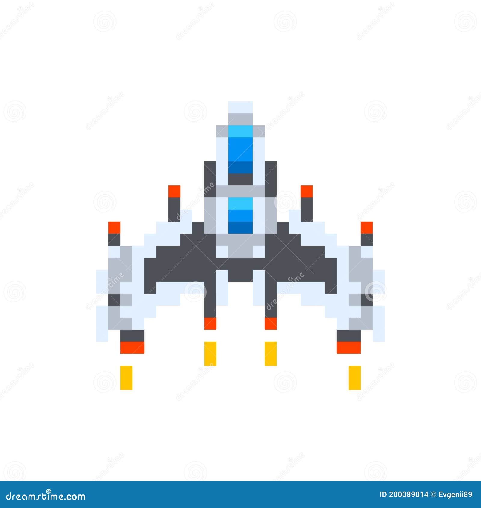 Big Vintage Spaceship, Game Hero In Pixel Art Style On White Cartoon ...