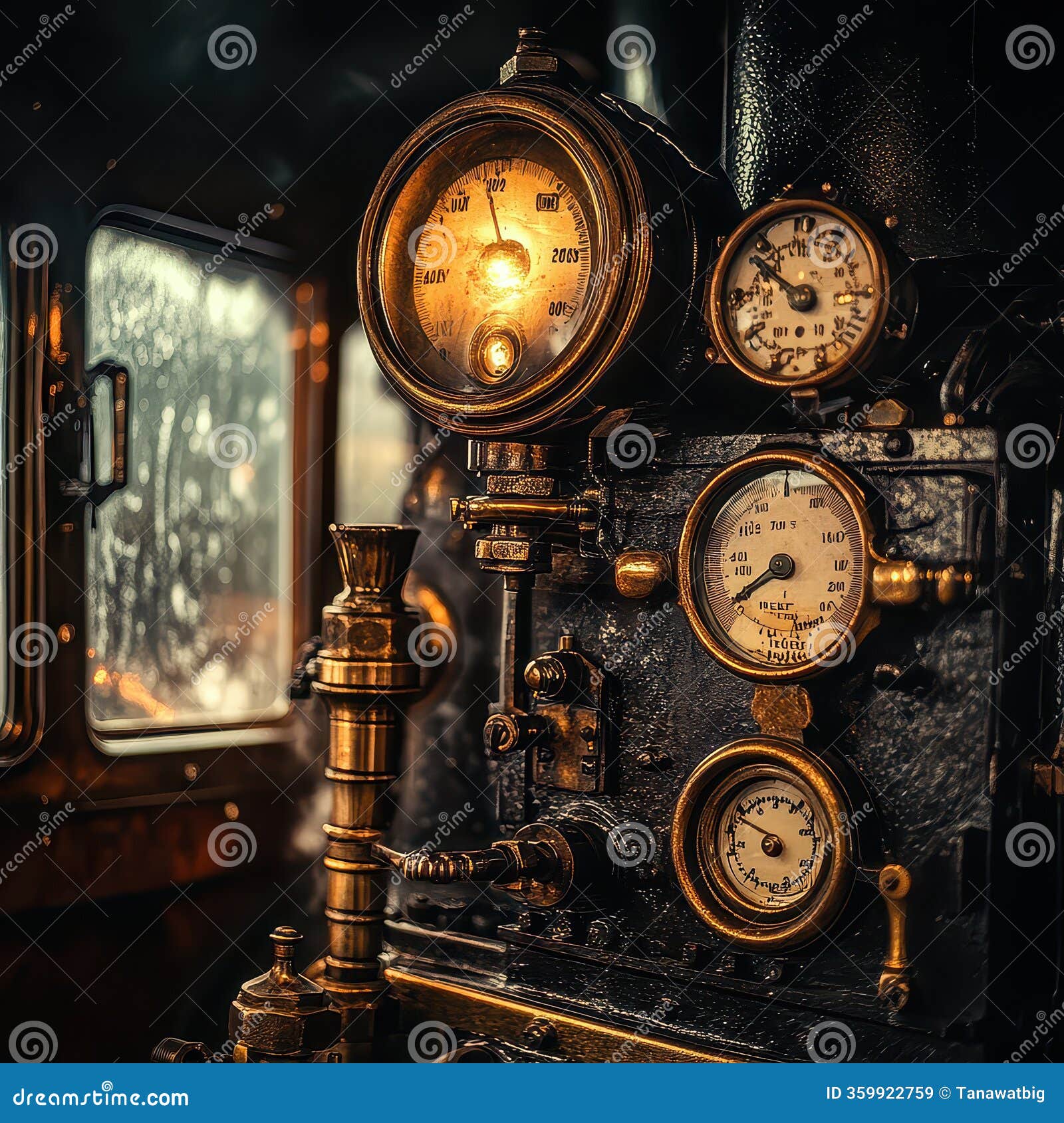 Vintage Steam Engine Control Panel with Pressure Gauges and Dials Stock ...