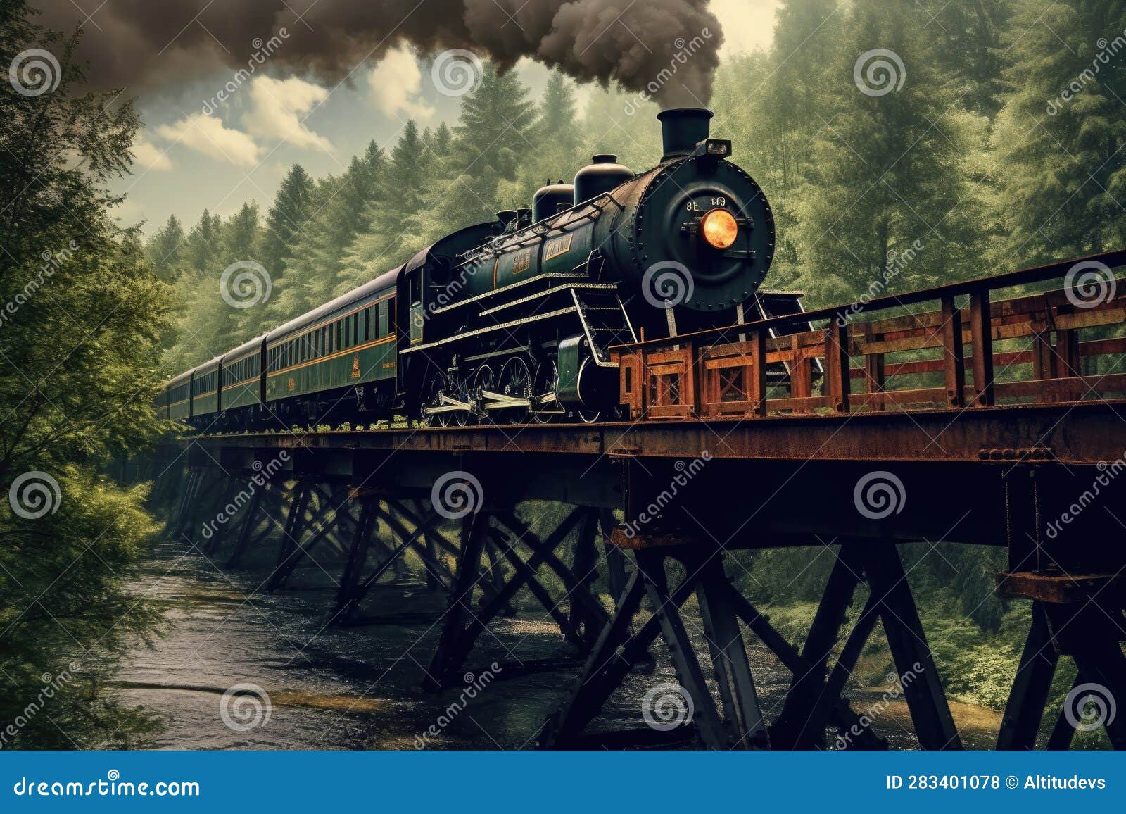 Vintage Steam Engine Train Passing Over a Bridge Stock Illustration ...