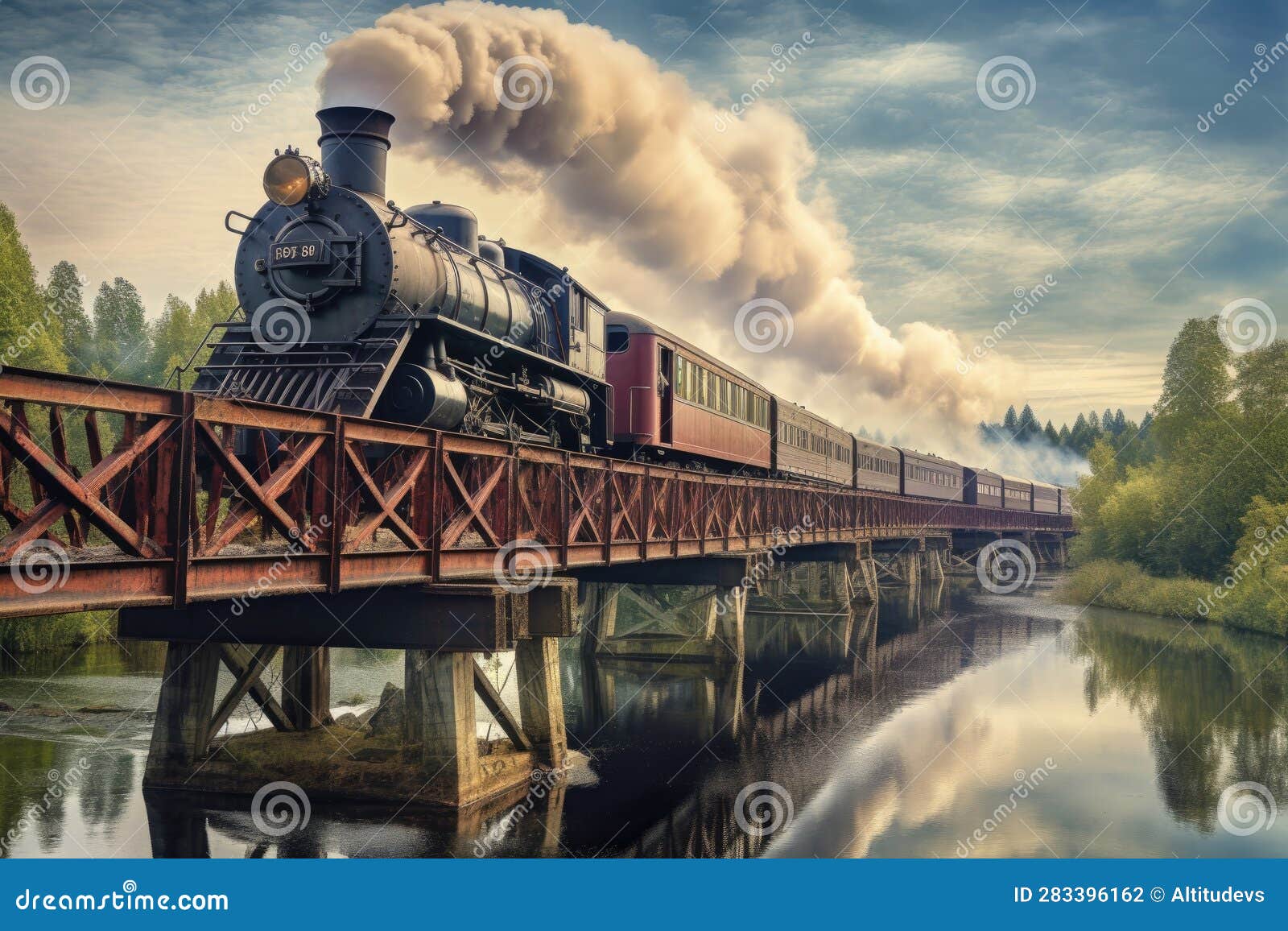 Vintage Steam Engine Train Passing Over a Bridge Stock Illustration ...