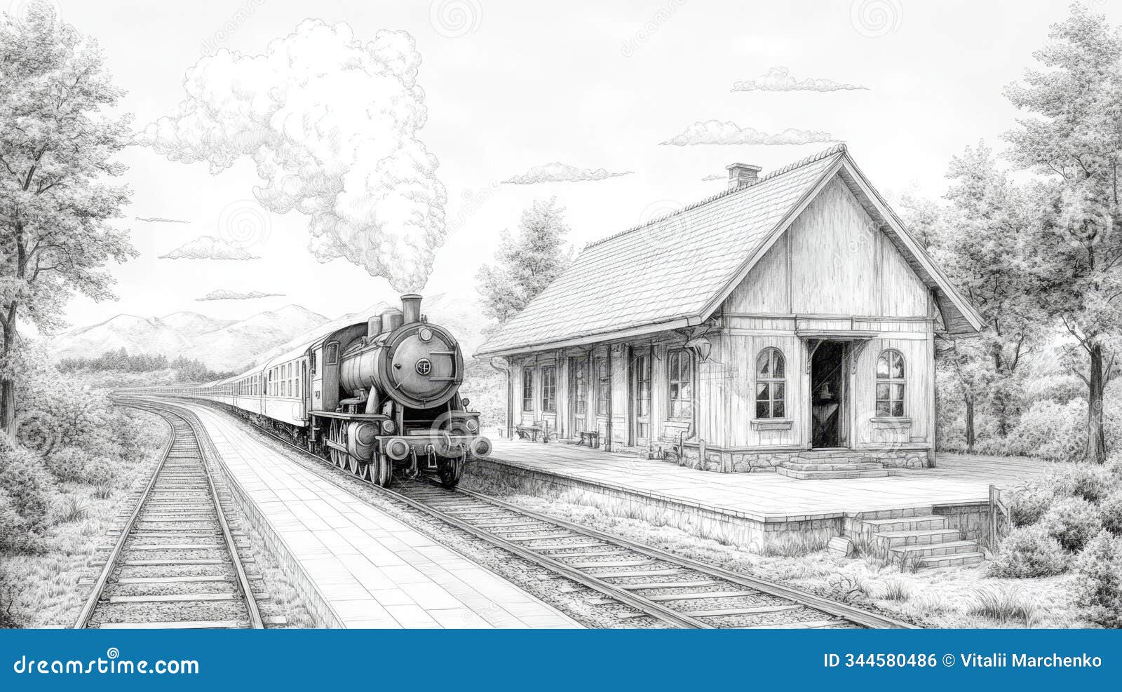 Vintage Steam Train at Countryside Station with Rustic Cabin Stock ...