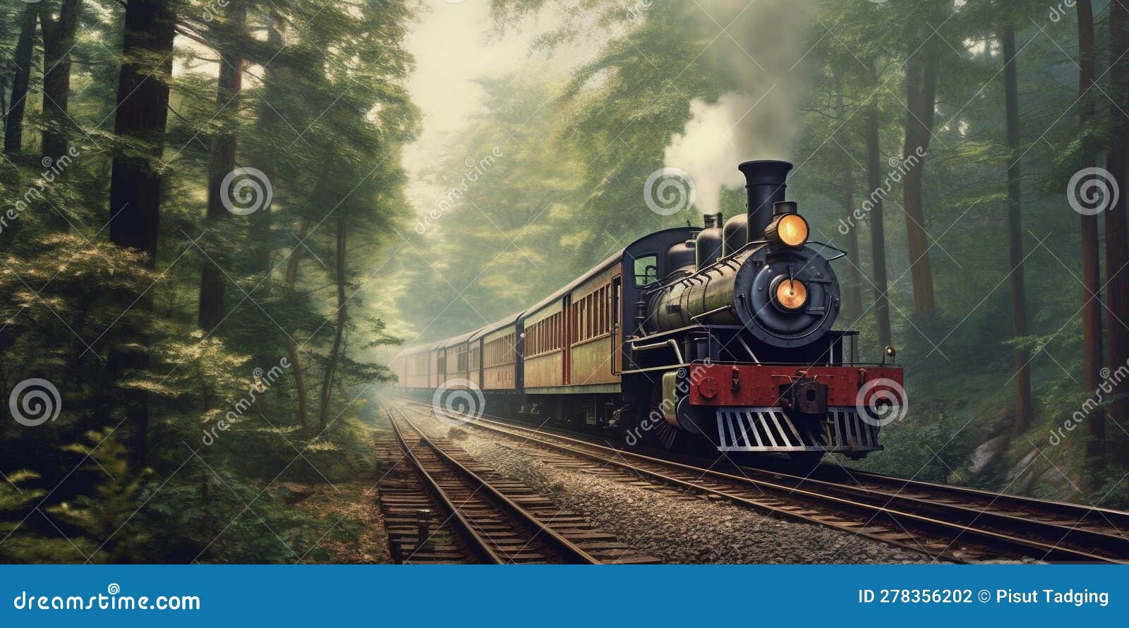Vintage Steam Train in a Foggy Forest with AI Generated. Stock ...