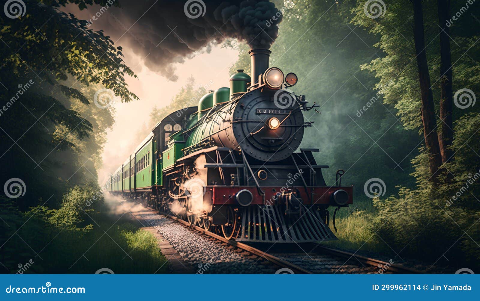 Vintage Steam Train in the Forest at Sunset. 3d Rendering Stock ...