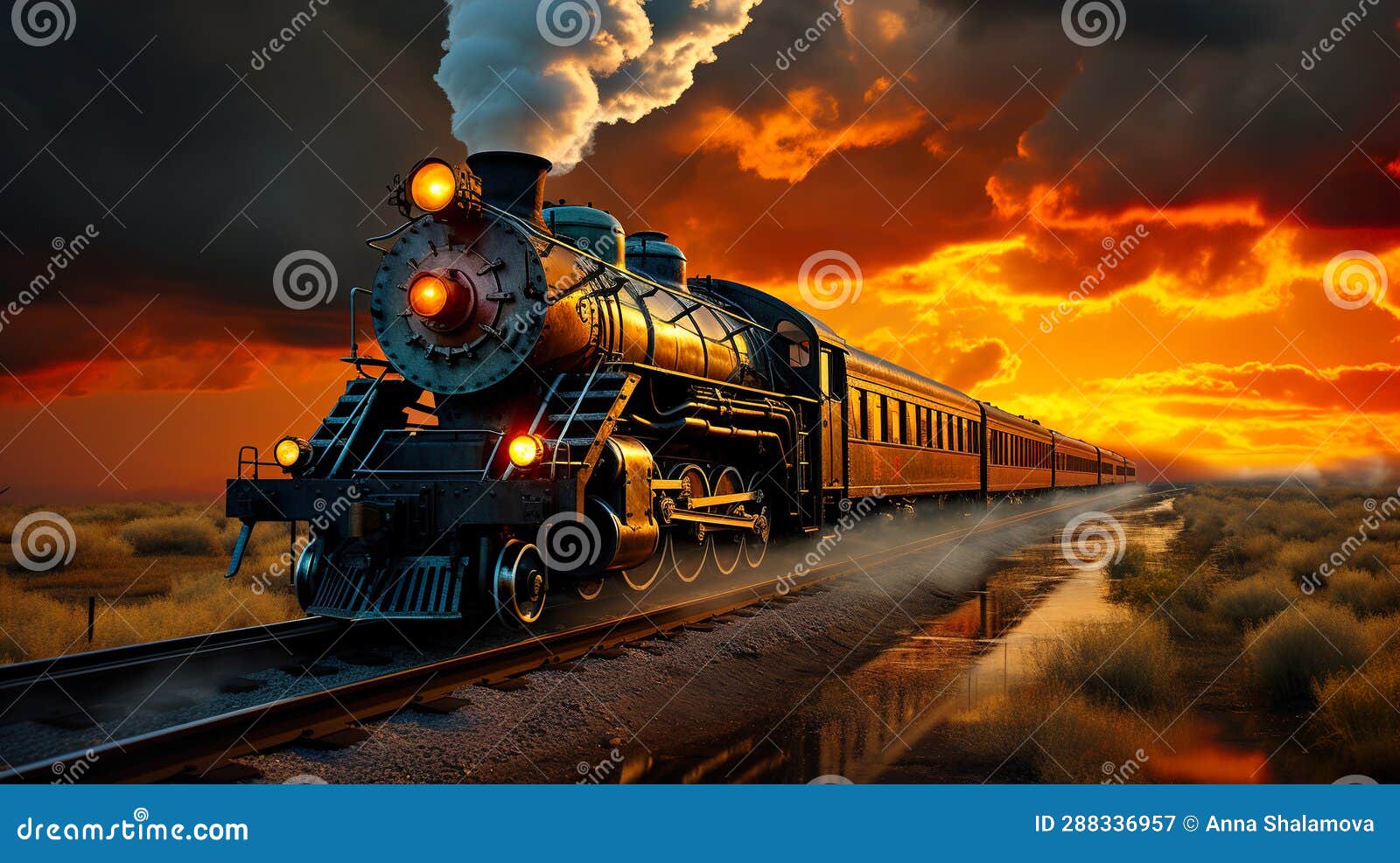 Vintage Steam Train on the Railroad at Sunset Stock Illustration ...