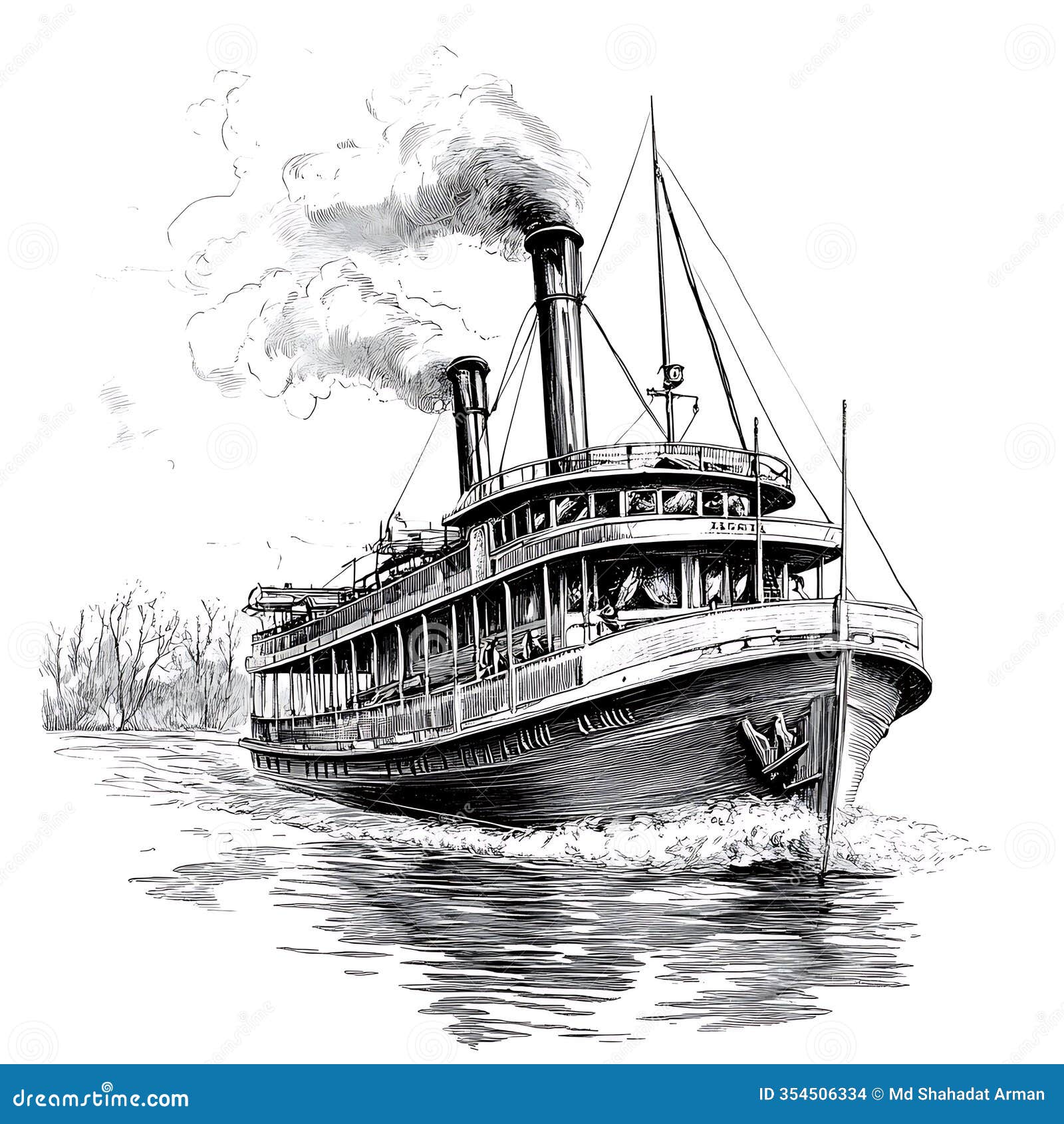 Vintage Steamboat Sailing on River Ink Sketch Stock Illustration ...