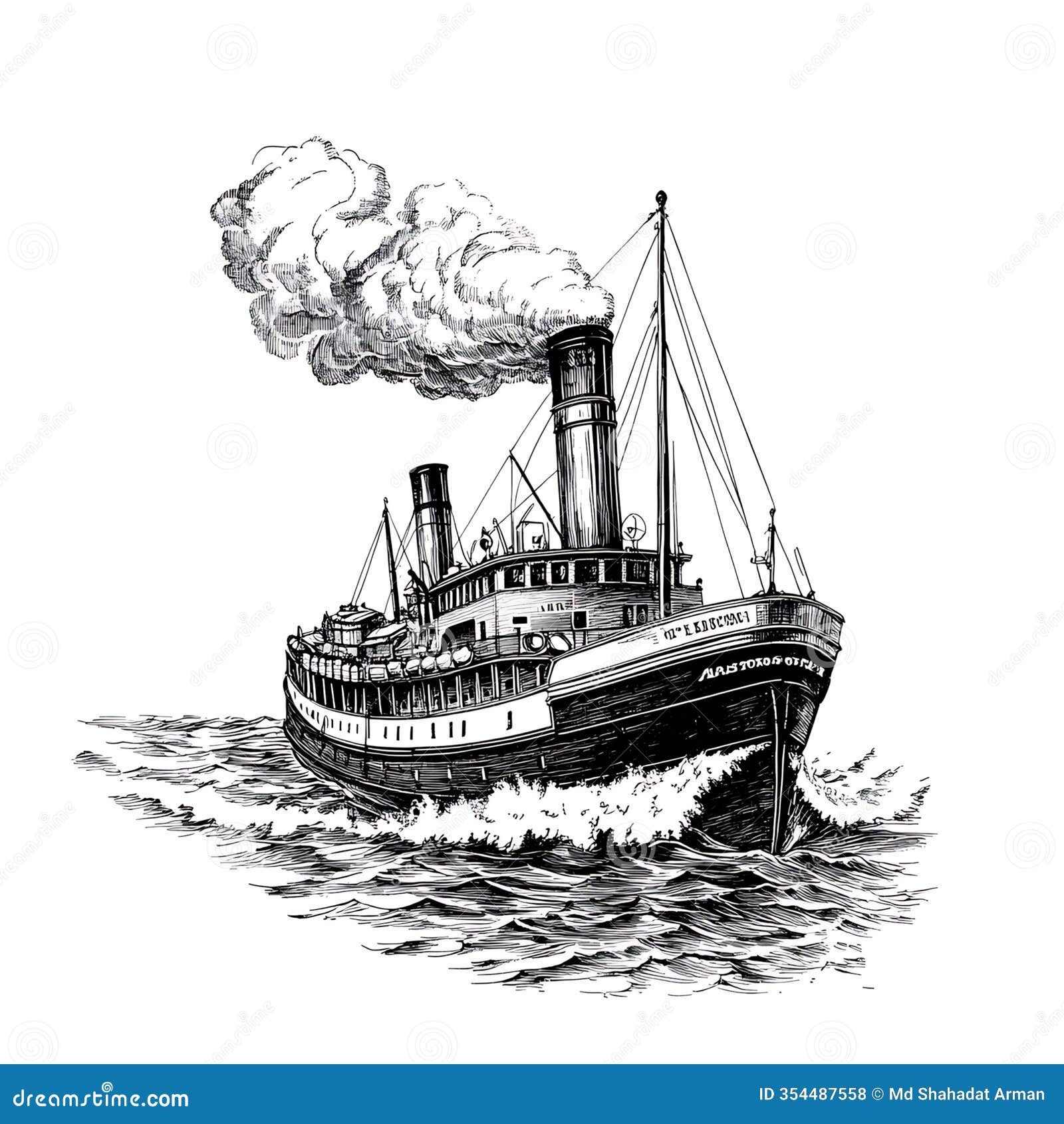 Vintage Steamship Black And White Drawing In Vibrant Cartoonish Style ...