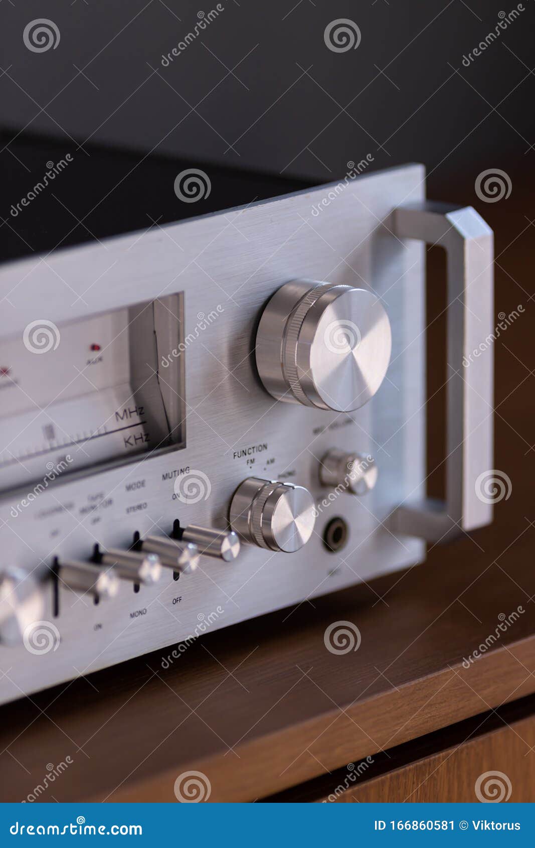 Vintage Stereo Receiver Front Panel with Controls Side View Closeup ...