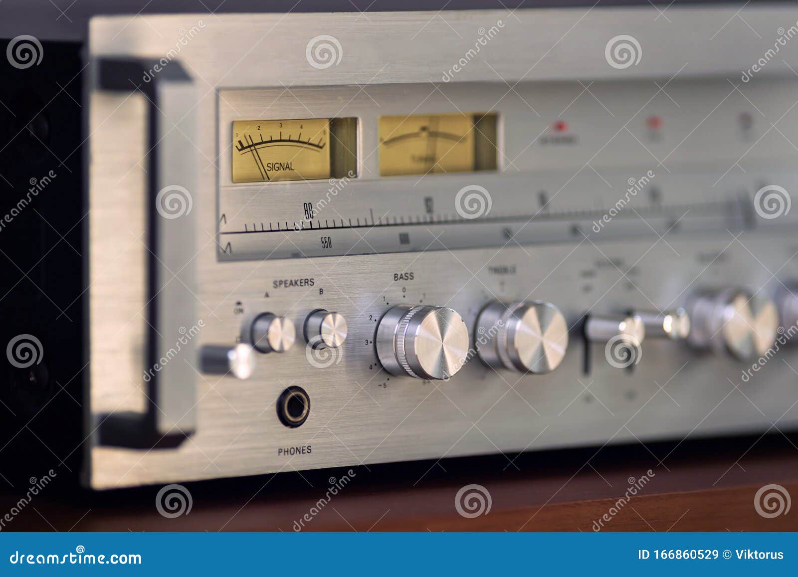 Vintage Stereo Receiver Front Panel with Controls Side View Closeup ...