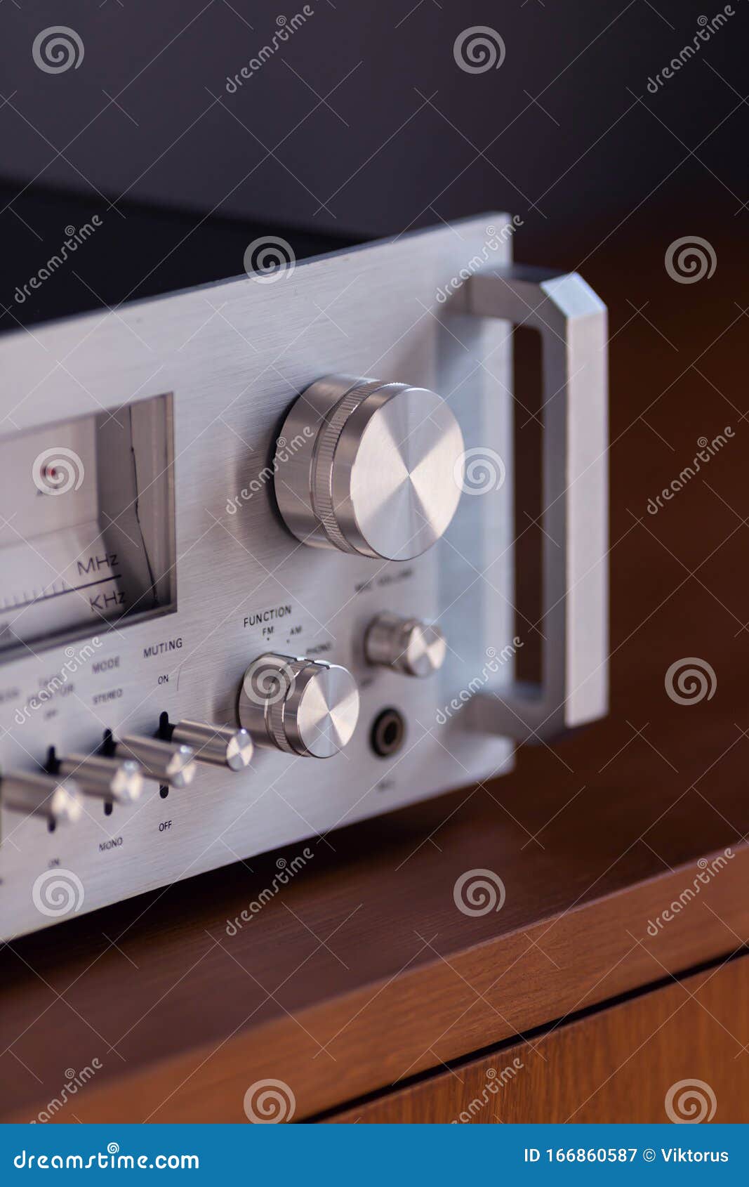 Vintage Stereo Receiver Front Panel with Controls Side View Closeup ...