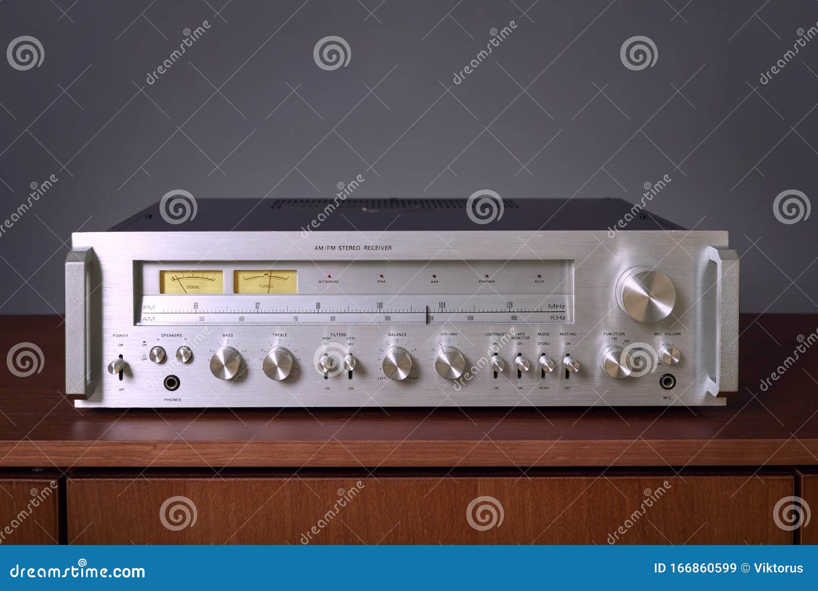 Vintage Stereo Receiver Standing on the Wooden Sideboard, Frontal View ...