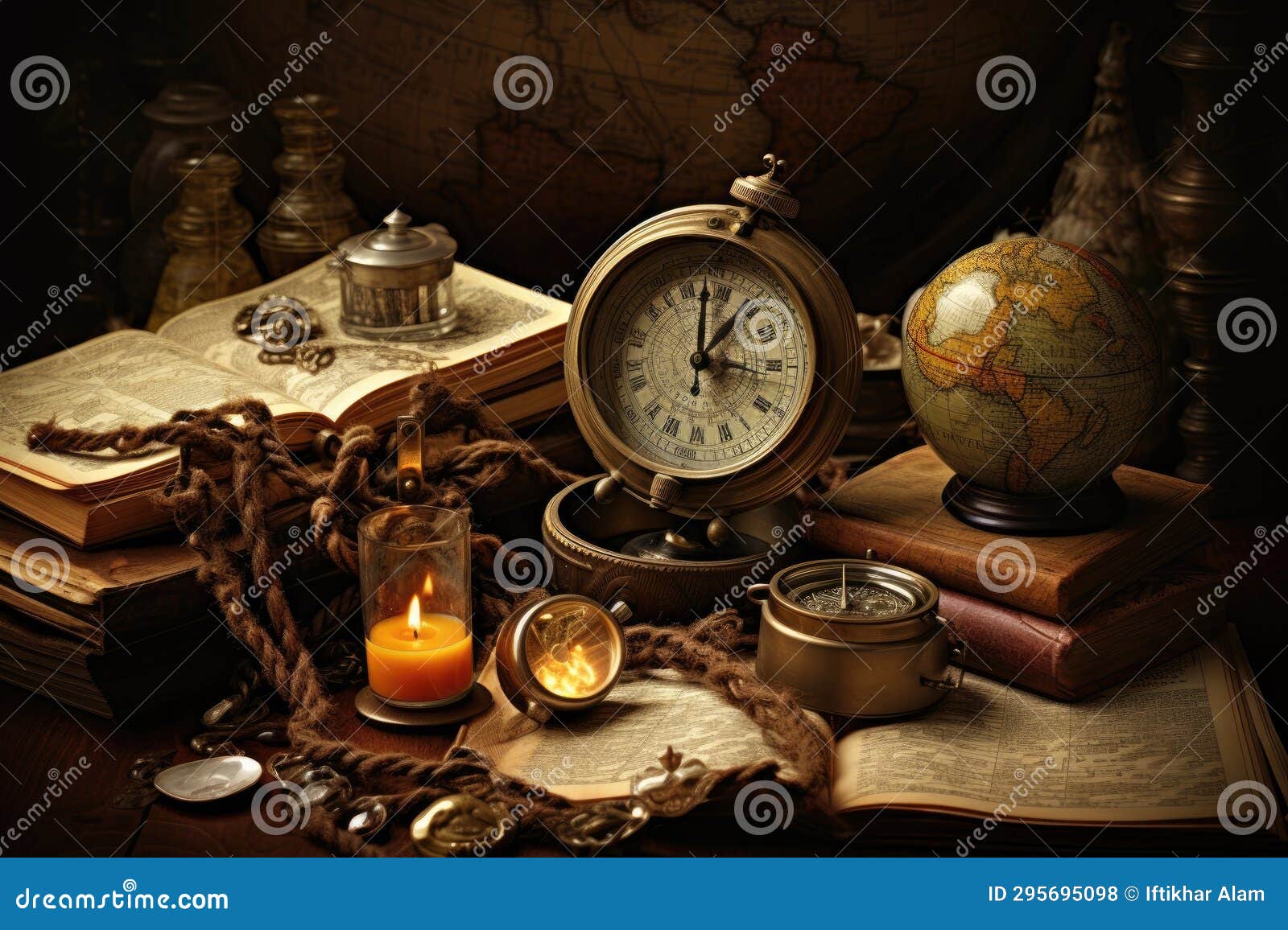 Vintage Still Life with Compass, Globe, Books and Burning Candle ...