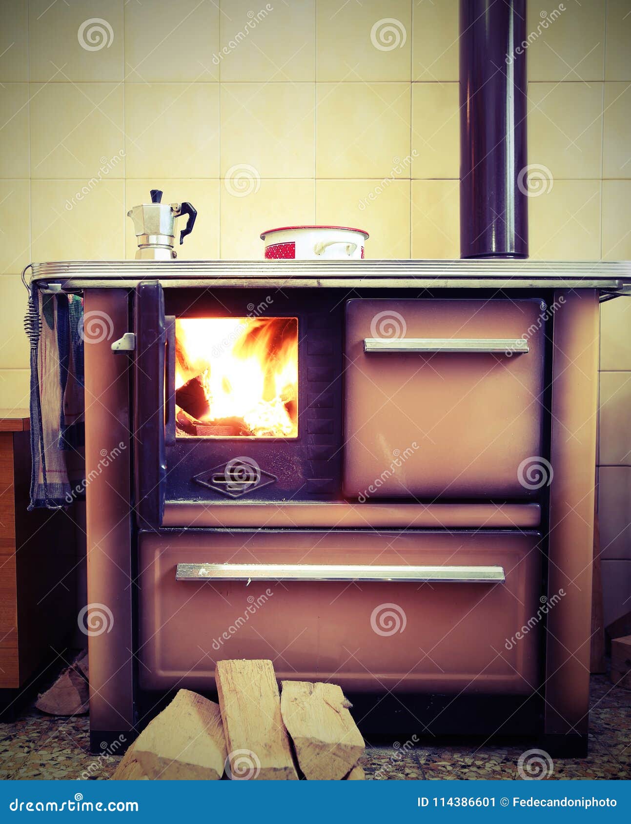 Vintage Stove with Fire in the House Stock Image - Image of domestic ...