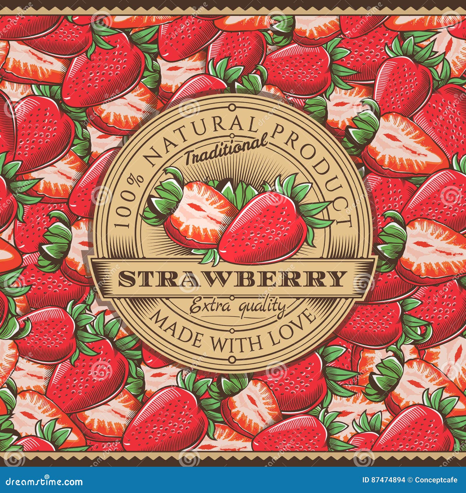 Vintage Strawberry Label on Seamless Pattern Stock Vector ...